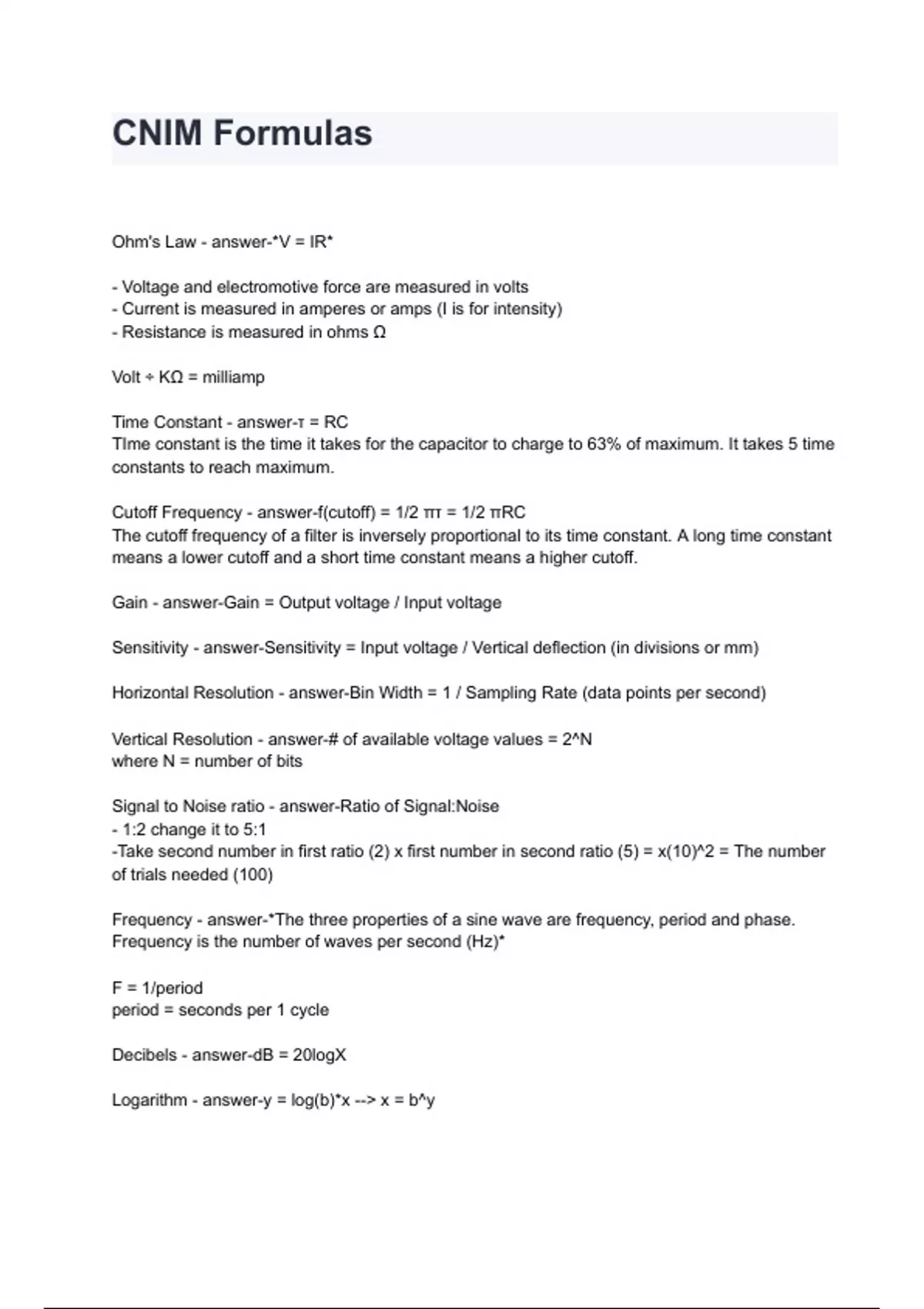 CNIM Formulas Ohm's Law - CNIM Formulas Ohm\'s Law - answer-*V = IR ...