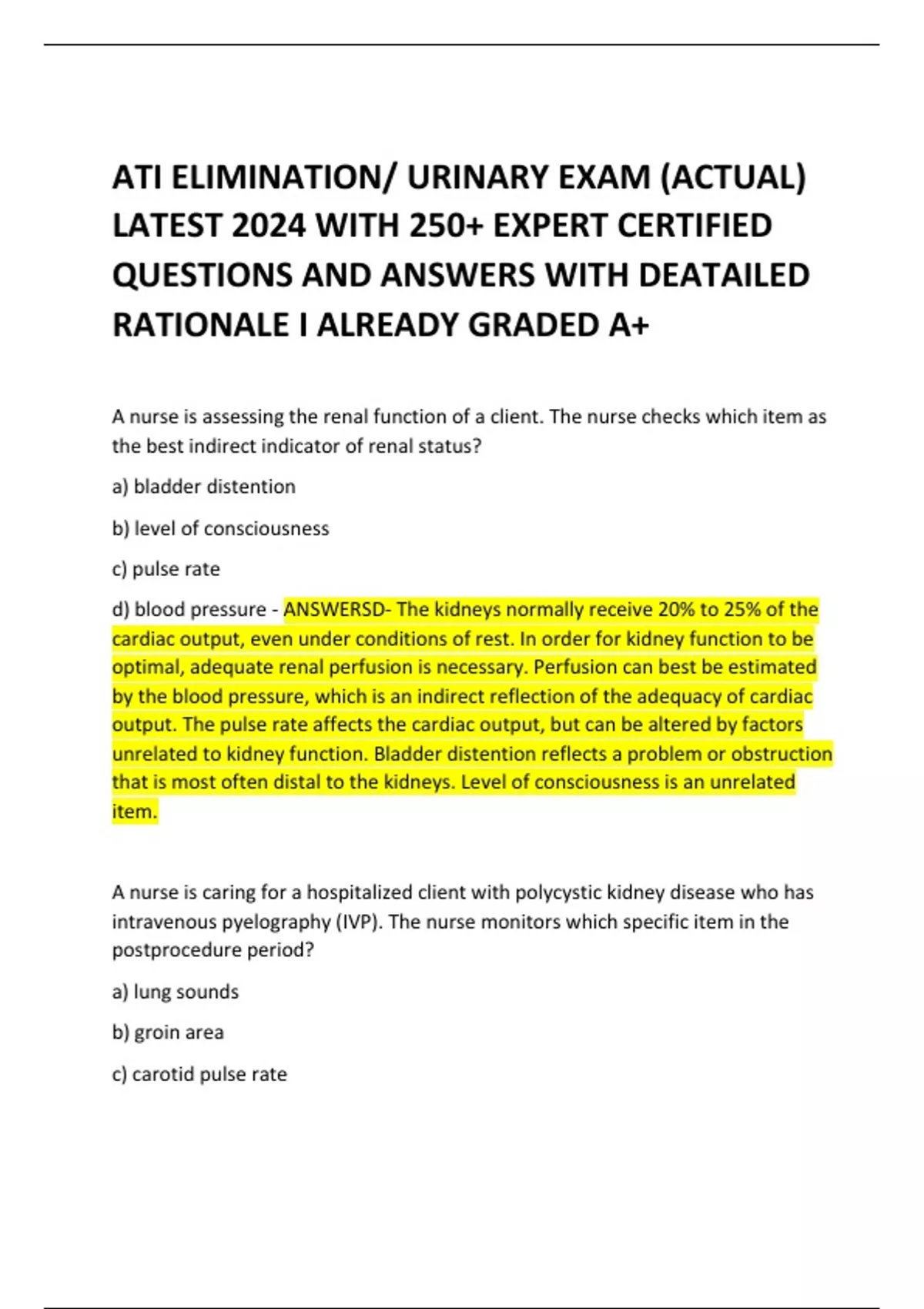 ATI ELIMINATION/ URINARY EXAM (ACTUAL) LATEST 2024 WITH 250+ EXPERT ...
