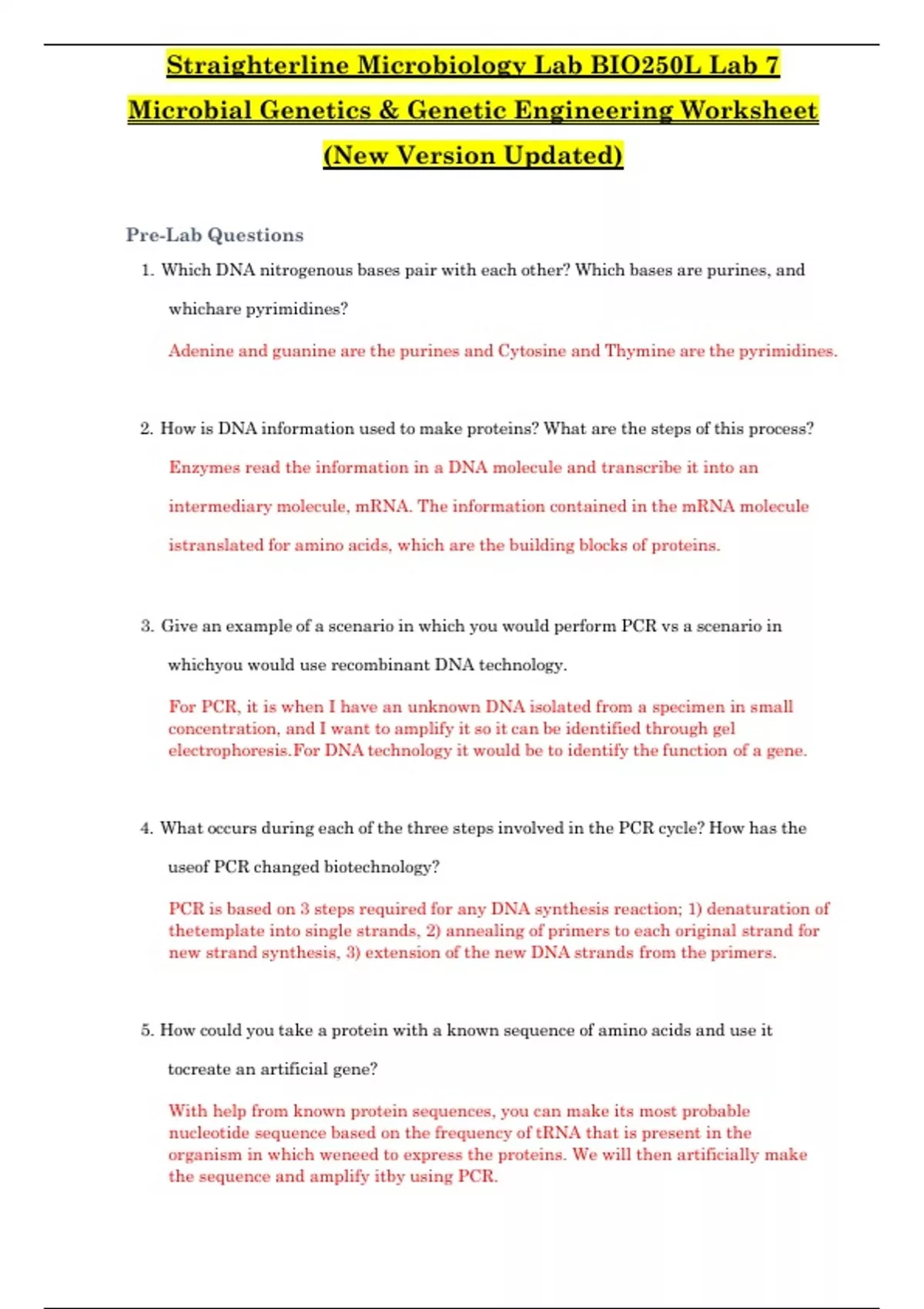 Straighterline Microbiology BIO250L Lab 7 Microbial Genetics & Genetic Engineering Worksheet ...