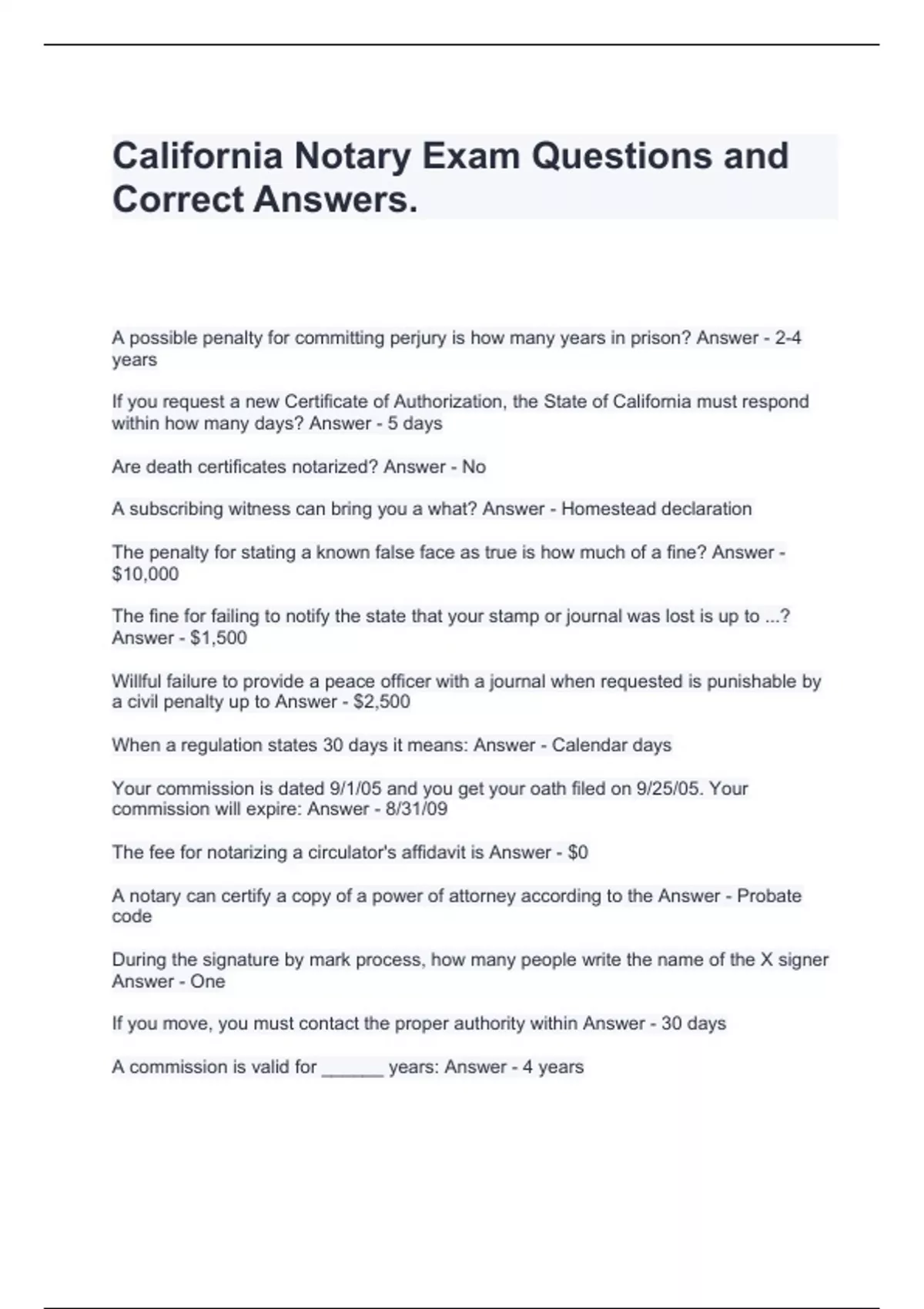 California Notary Exam Questions and Correct Answers - CALIFORNIA ...