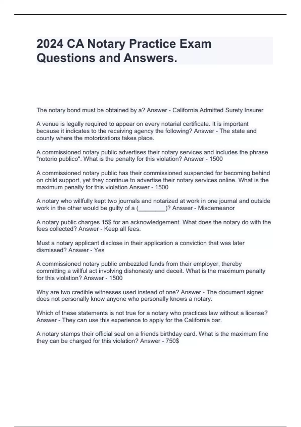 2024 CA Notary Practice Exam Questions and Answers - CALIFORNIA NOTARY ...