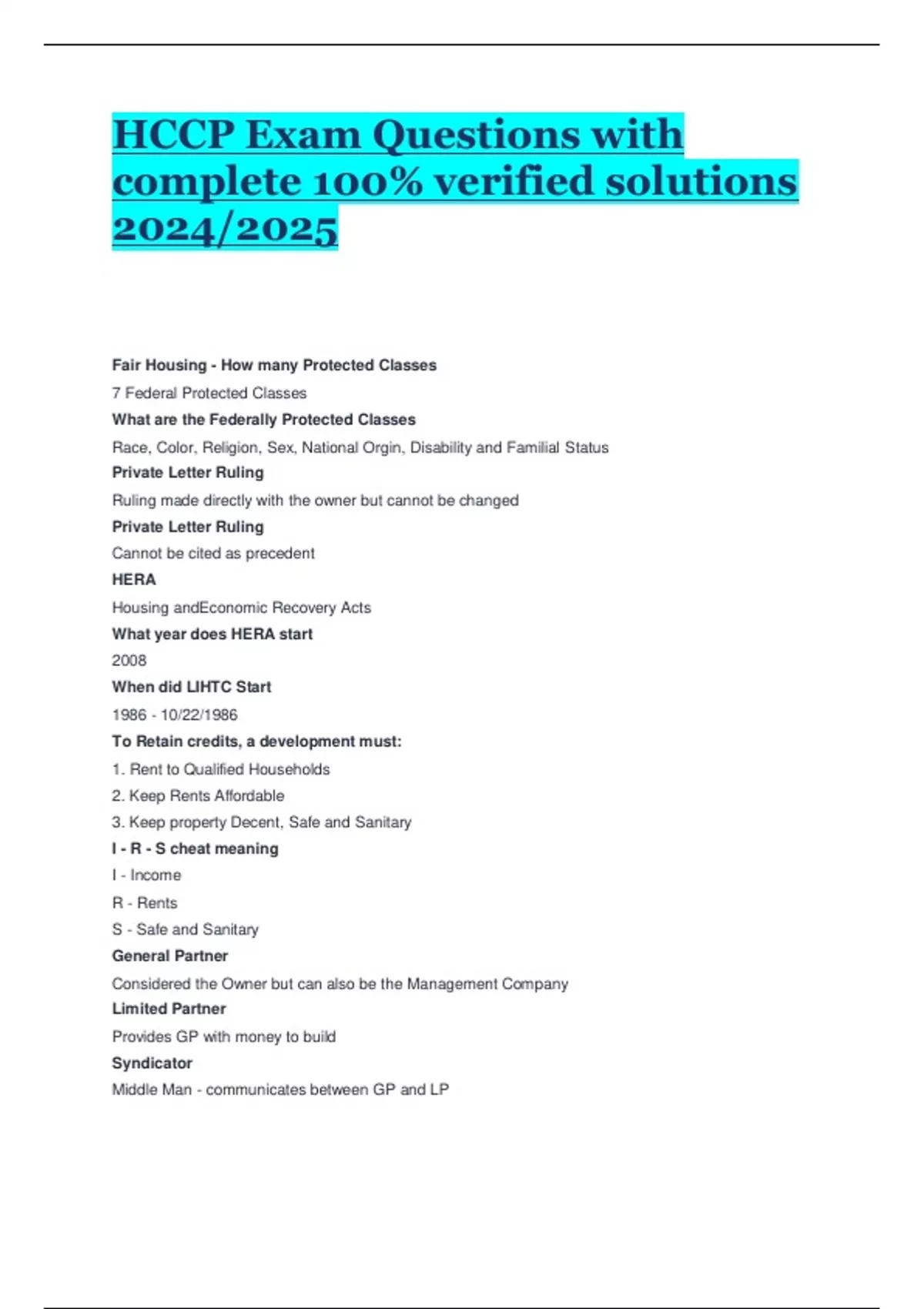 HCCP Exam Questions with complete 100% verified solutions 2024/2025 - HCCP - Housing Credit ...