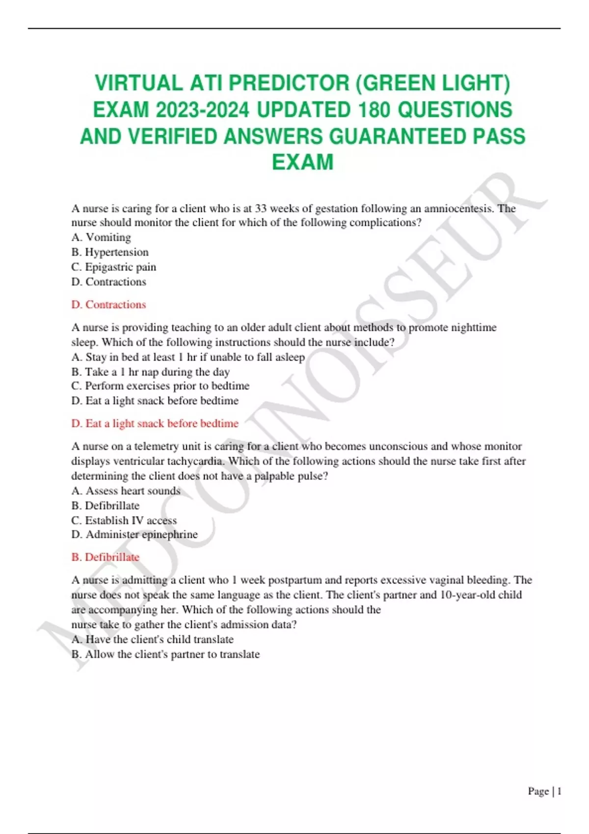 VIRTUAL ATI PREDICTOR (GREEN LIGHT) EXAM UPDATED 180 QUESTIONS AND ...