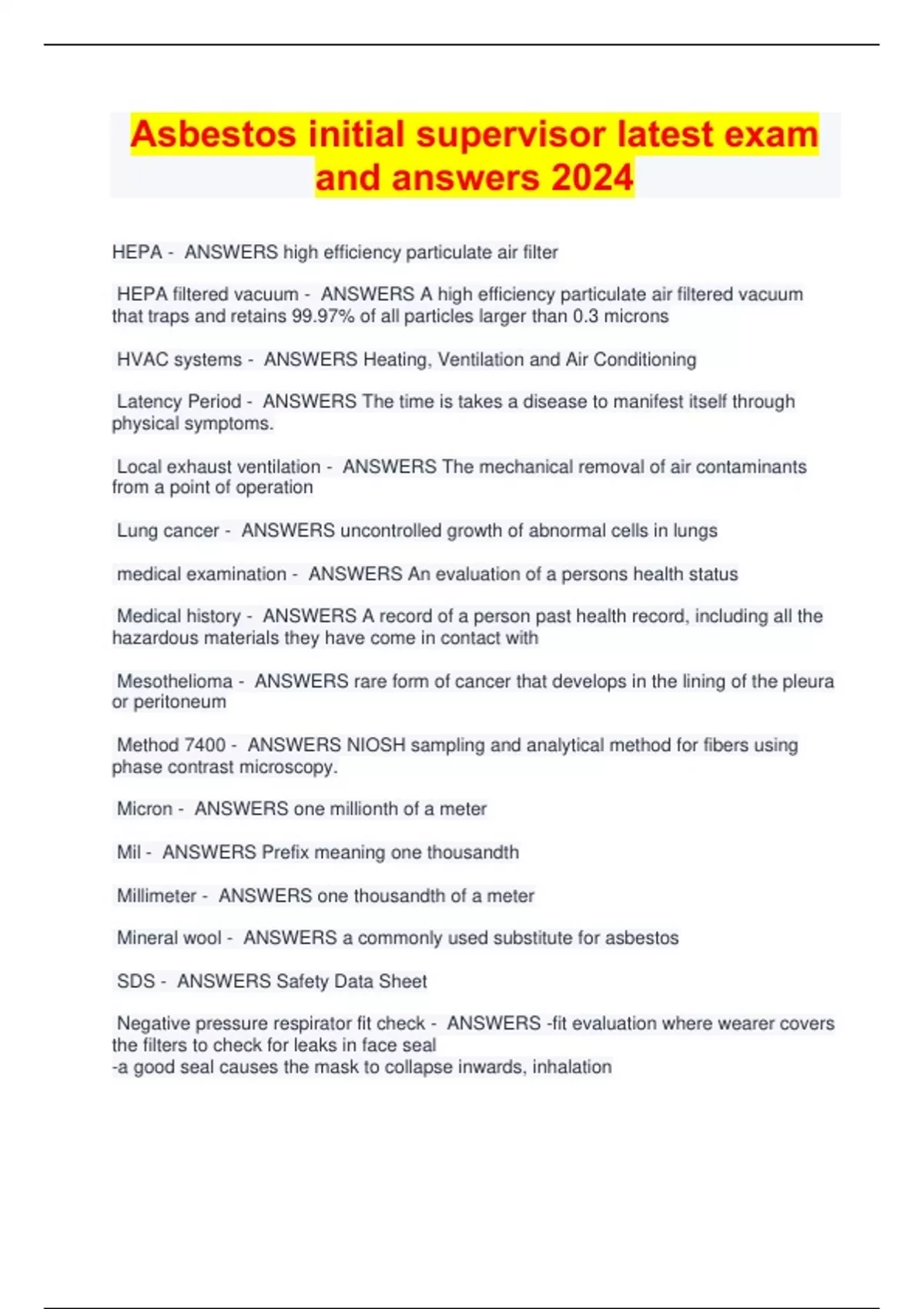 Asbestos initial supervisor latest exam and answers 2024 - Asbestos ...