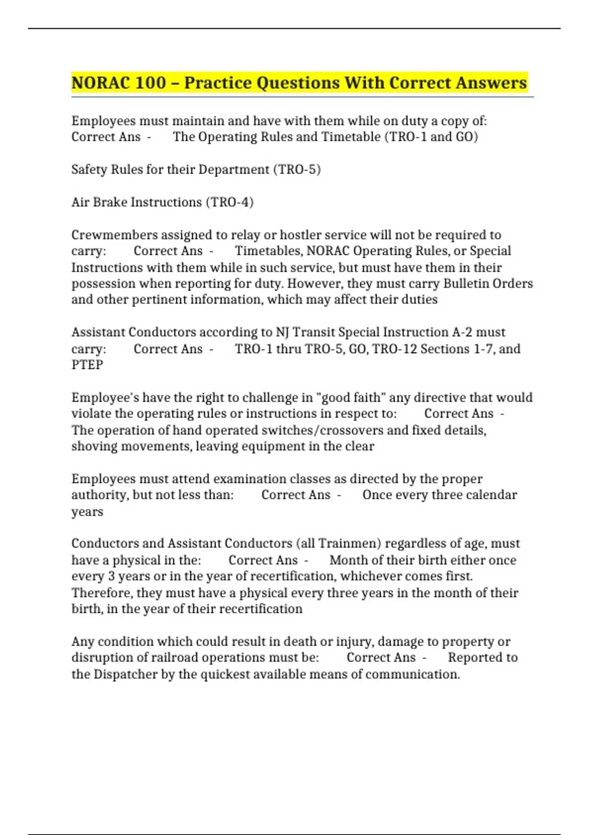 NORAC 100 – Practice Questions With Correct Answers - NORAC - Stuvia US