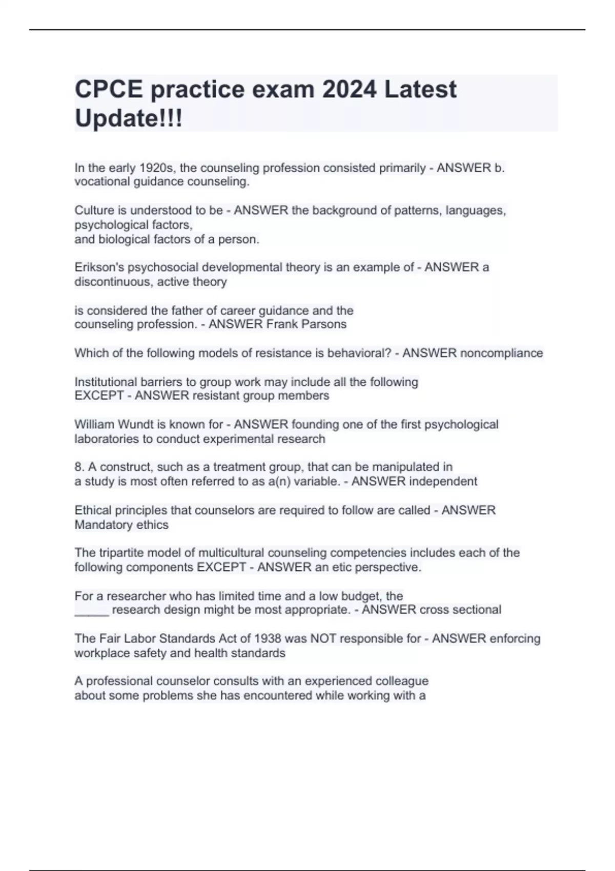 CPCE practice exam 2024 Latest Update!!! - CPCE - Stuvia UK