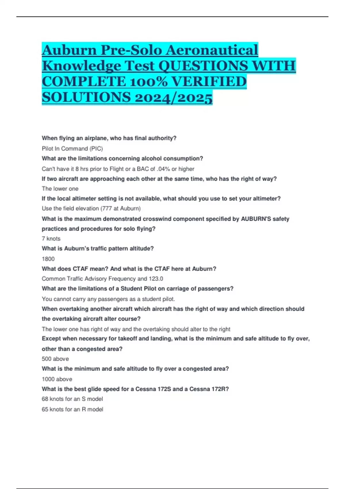 Auburn Pre-Solo Aeronautical Knowledge Test QUESTIONS WITH COMPLETE 100 ...