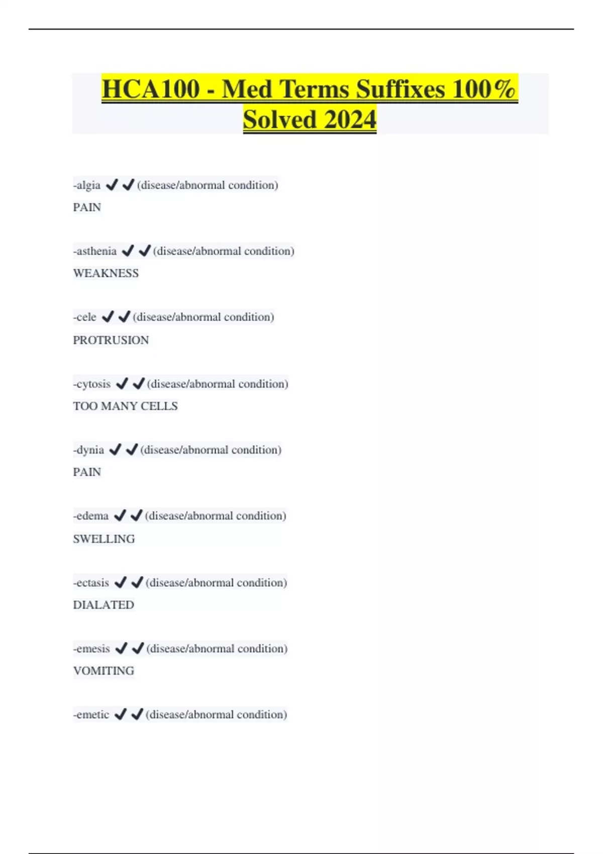 HCA100 - Med Terms Suffixes 100% Solved 2024 - HCA 100 - Stuvia US