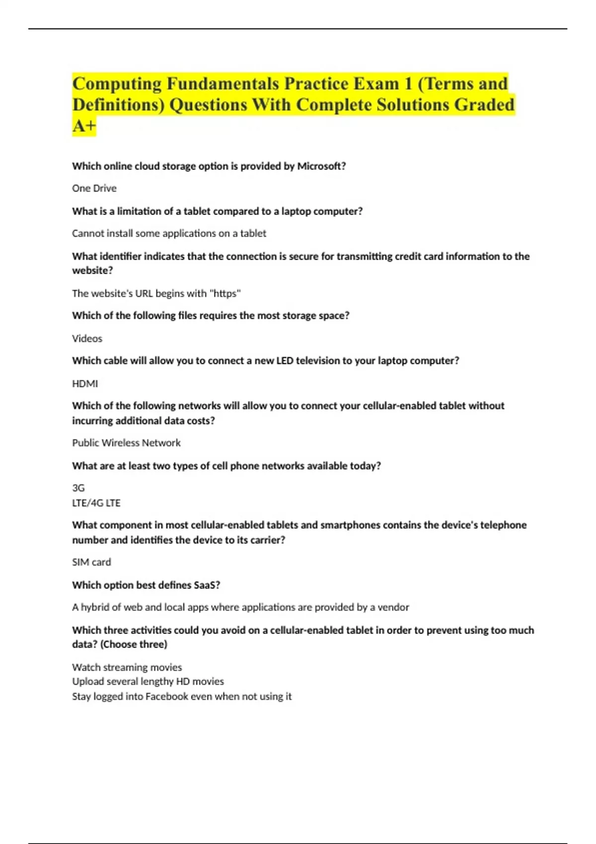 Computing Fundamentals Practice Exam 1 (Terms and Definitions) Questions With Complete Solutions ...