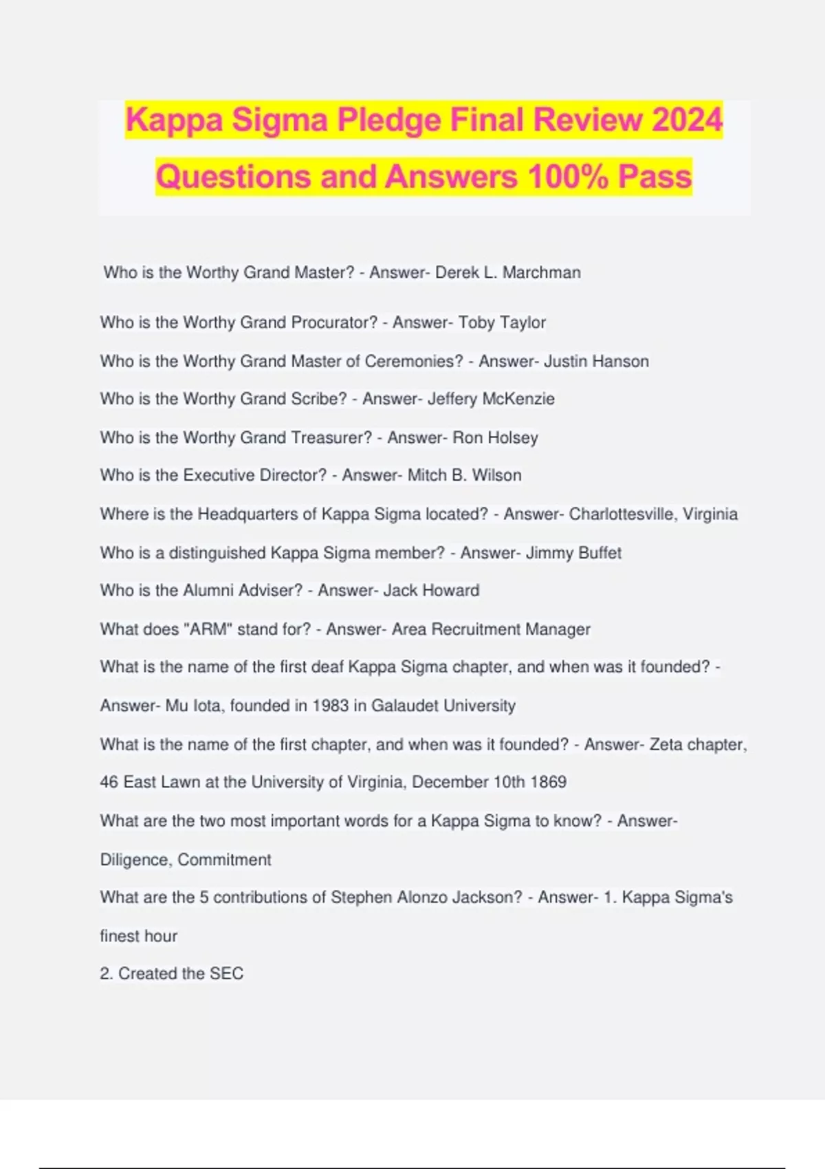 Kappa Sigma Pledge Final Review 2024 Questions and Answers 100% Pass ...