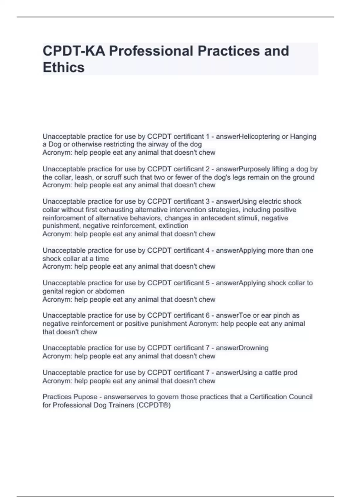 CPDT-KA Professional Practices and Ethics Questions with solutions 2024 ...