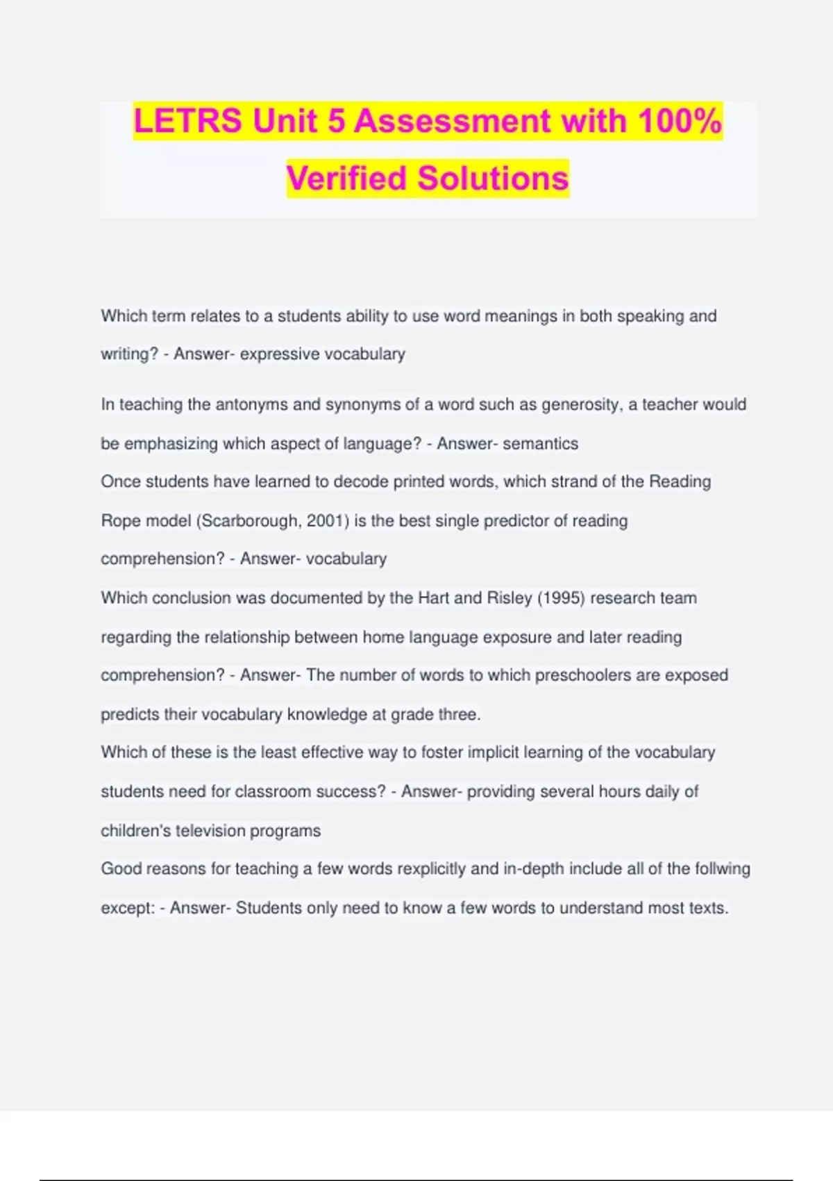 LETRS Unit 5 Assessment with 100% Verified Solutions - LETRS - Stuvia US