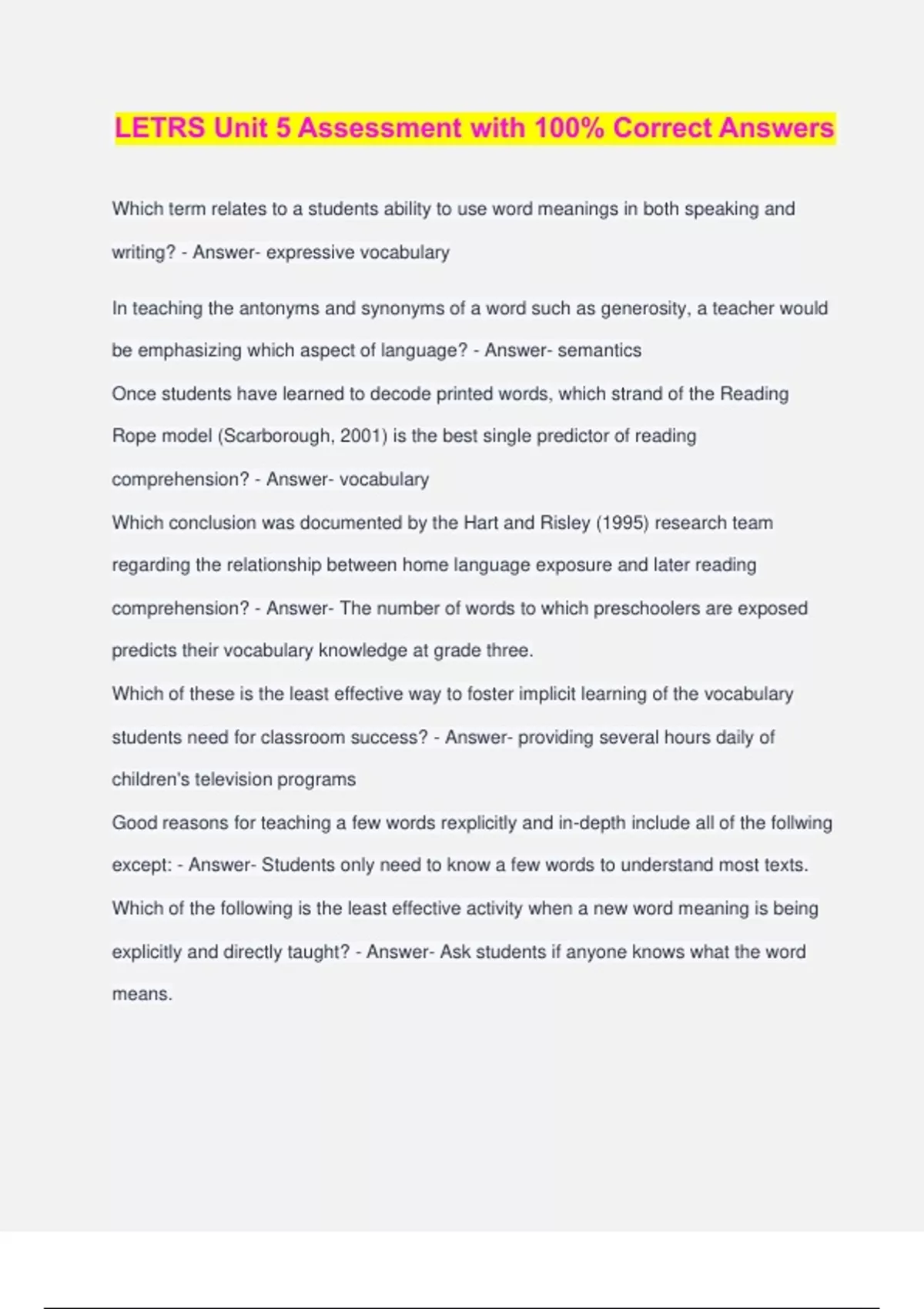 LETRS Unit 5 Assessment with 100% Correct Answers - LETRS - Stuvia US