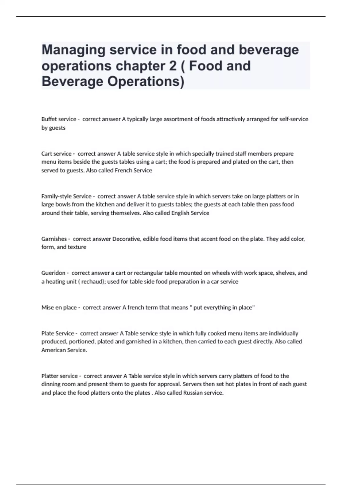 Managing service in food and beverage operations chapter 2 ( Food and Beverage Operations) 2024 ...