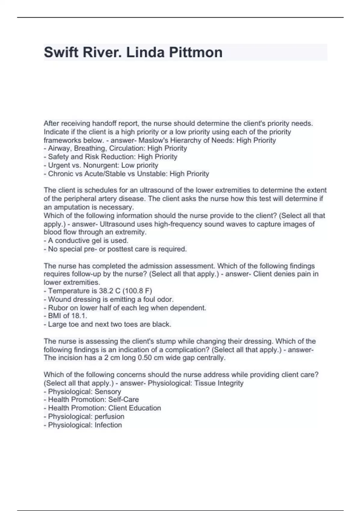 Swift River. Linda Pittman Questions with correct Answers 2024 - Linda ...