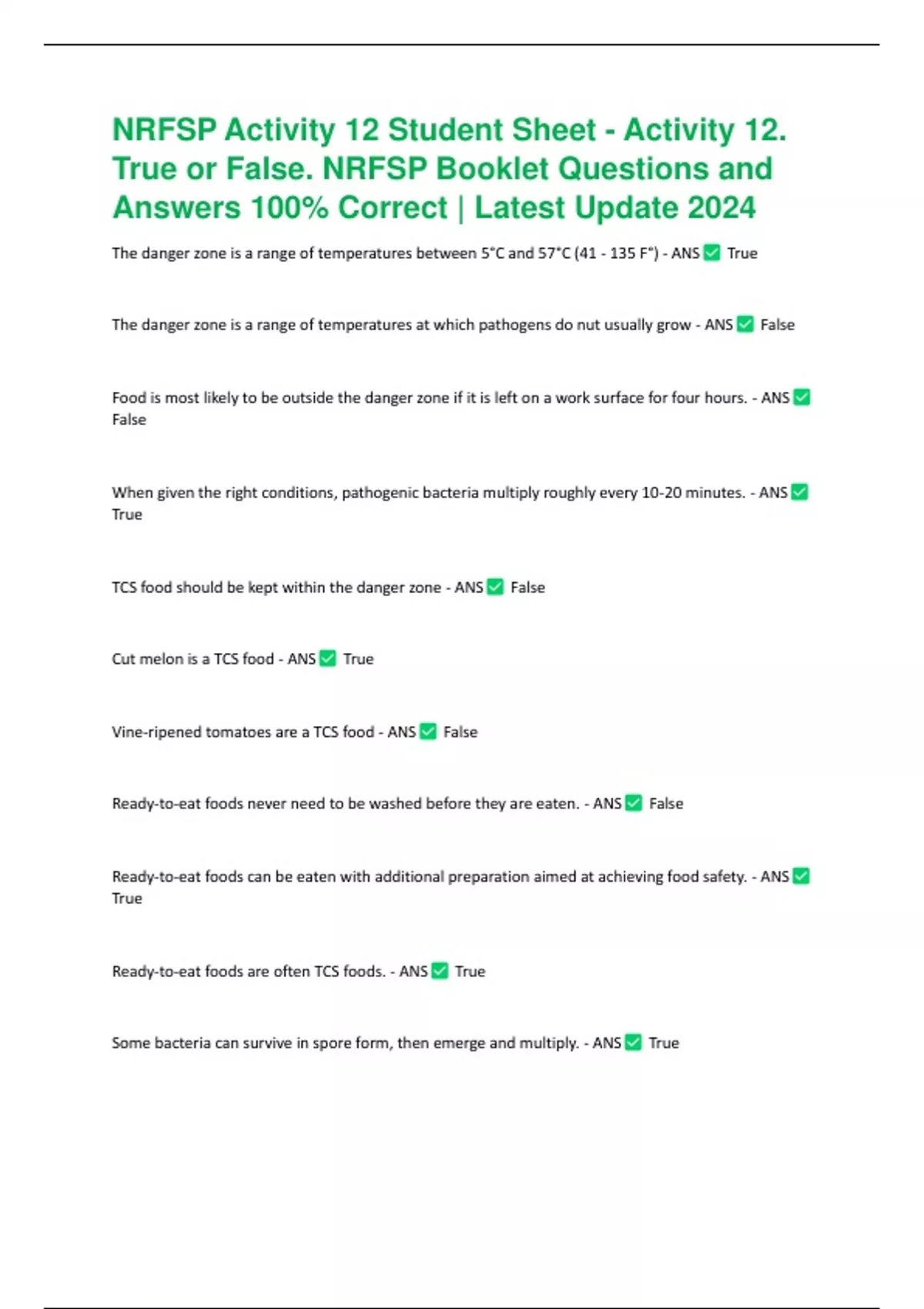 NRFSP Activity 12 Student Sheet - Activity 12. True or False. NRFSP Booklet Questions and ...