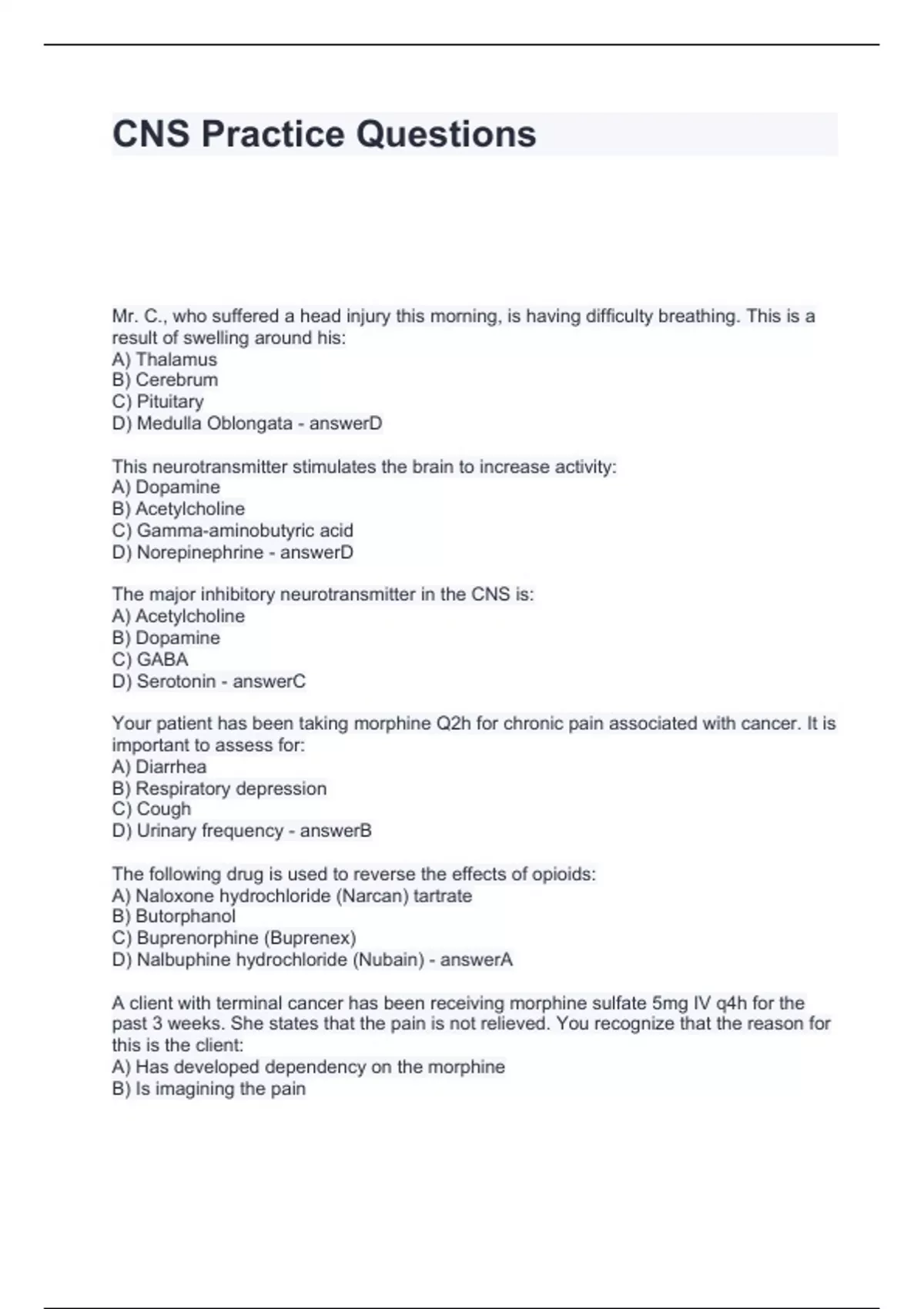 CNS Practice Questions with Accurate Answers 2024 - Linda Waterfall - Stuvia US