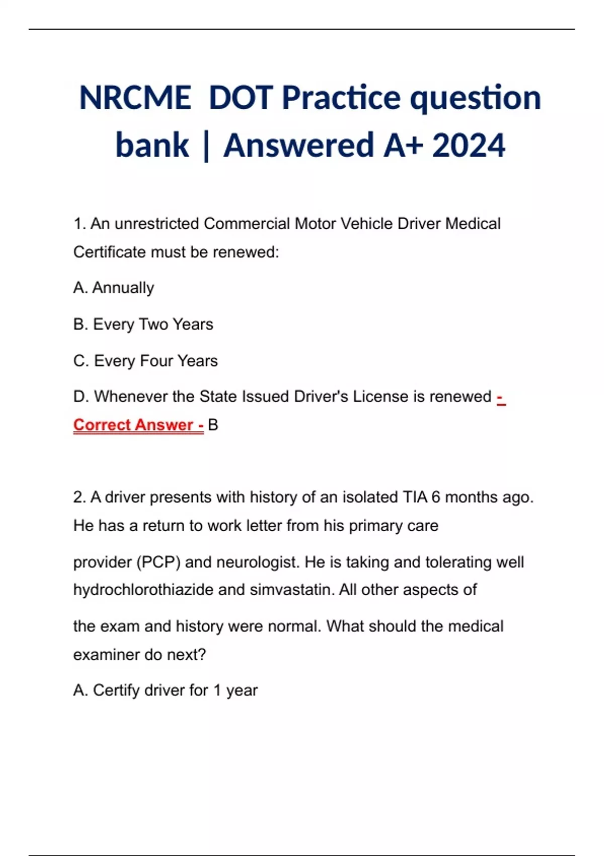 NRCME DOT Practice question bank | Answered A+ 2024 - Nrcme - Stuvia US
