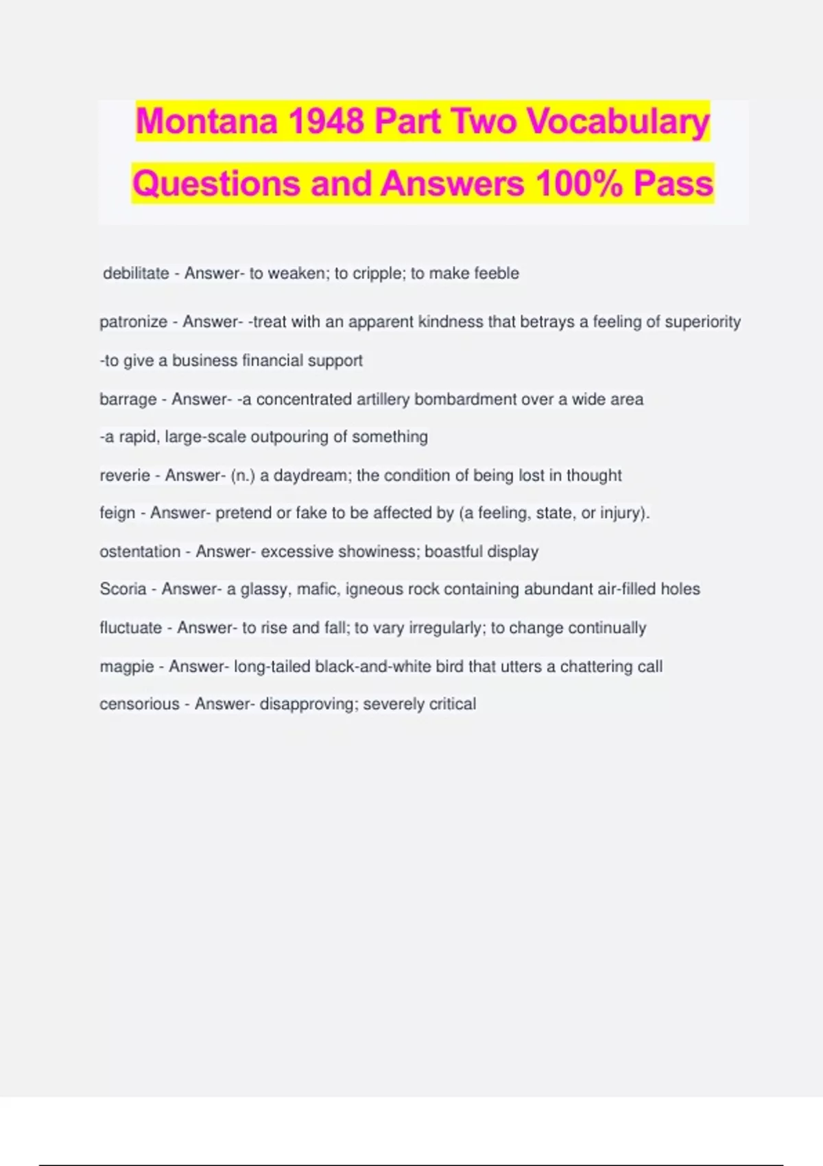 Montana 1948 Part Two Vocabulary Questions and Answers 100% Pass ...