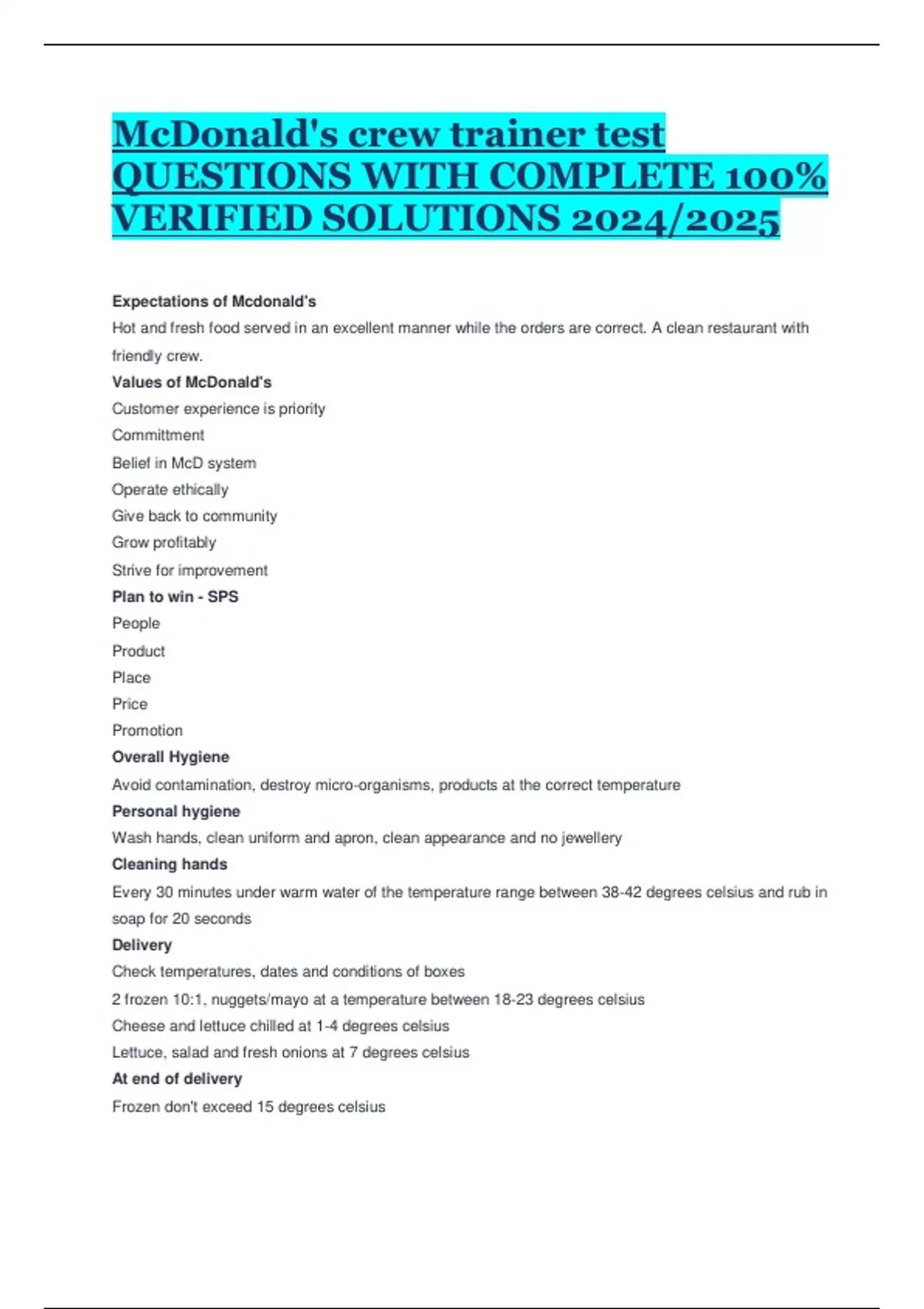 McDonald's crew trainer test QUESTIONS WITH COMPLETE 100% VERIFIED ...