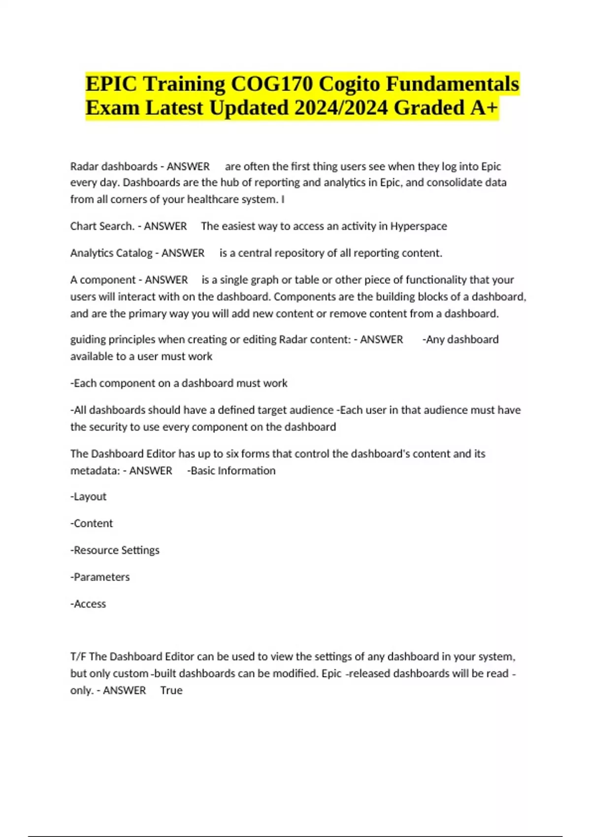 EPIC Training COG170 Cogito Fundamentals Exam Questions with Answers ...