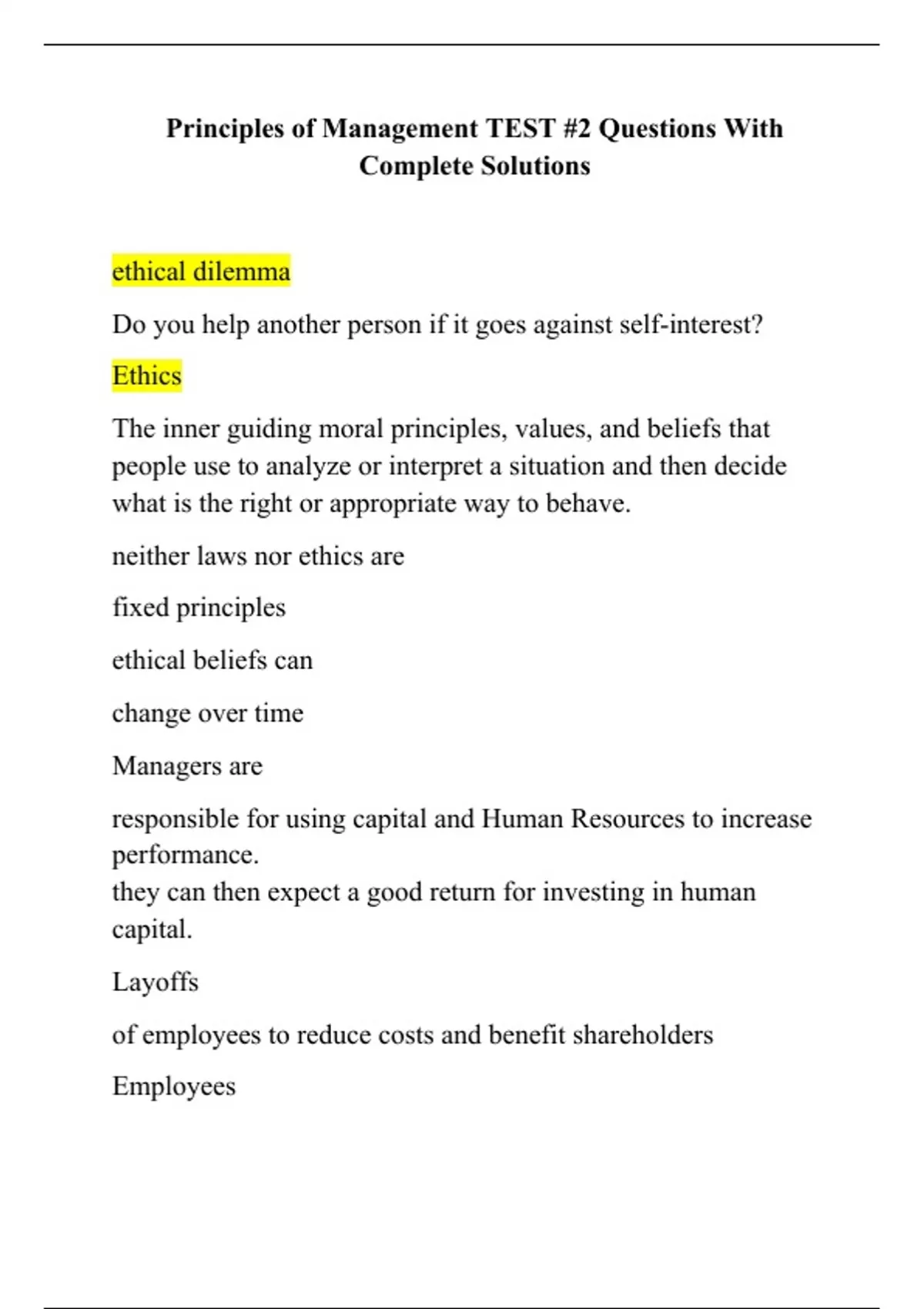 Principles of Management TEST #2 Questions With Complete Solutions ...