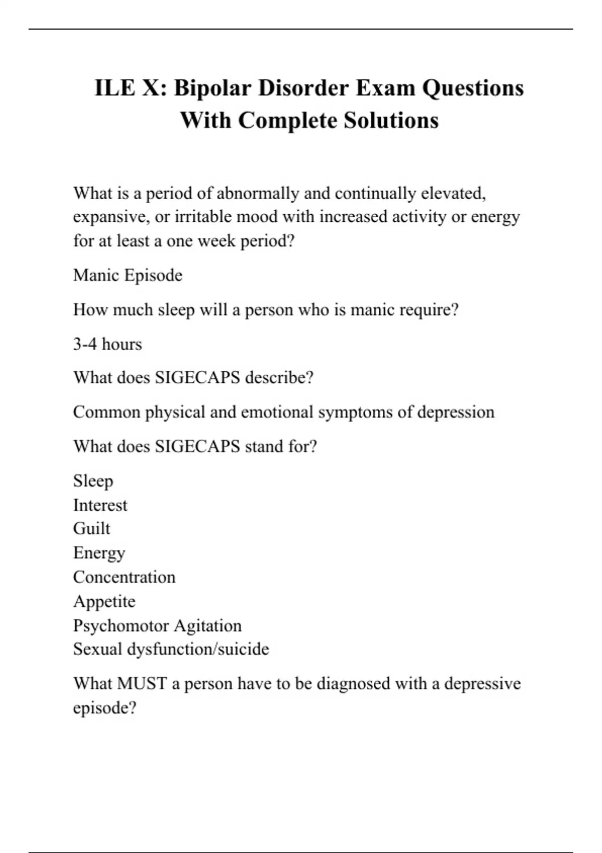 ILE X: Bipolar Disorder Exam Questions With Complete Solutions - ILE ...
