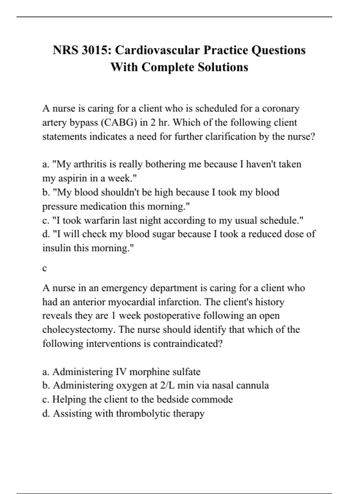 NRS 3015: Cardiovascular Practice Questions With Complete Solutions ...
