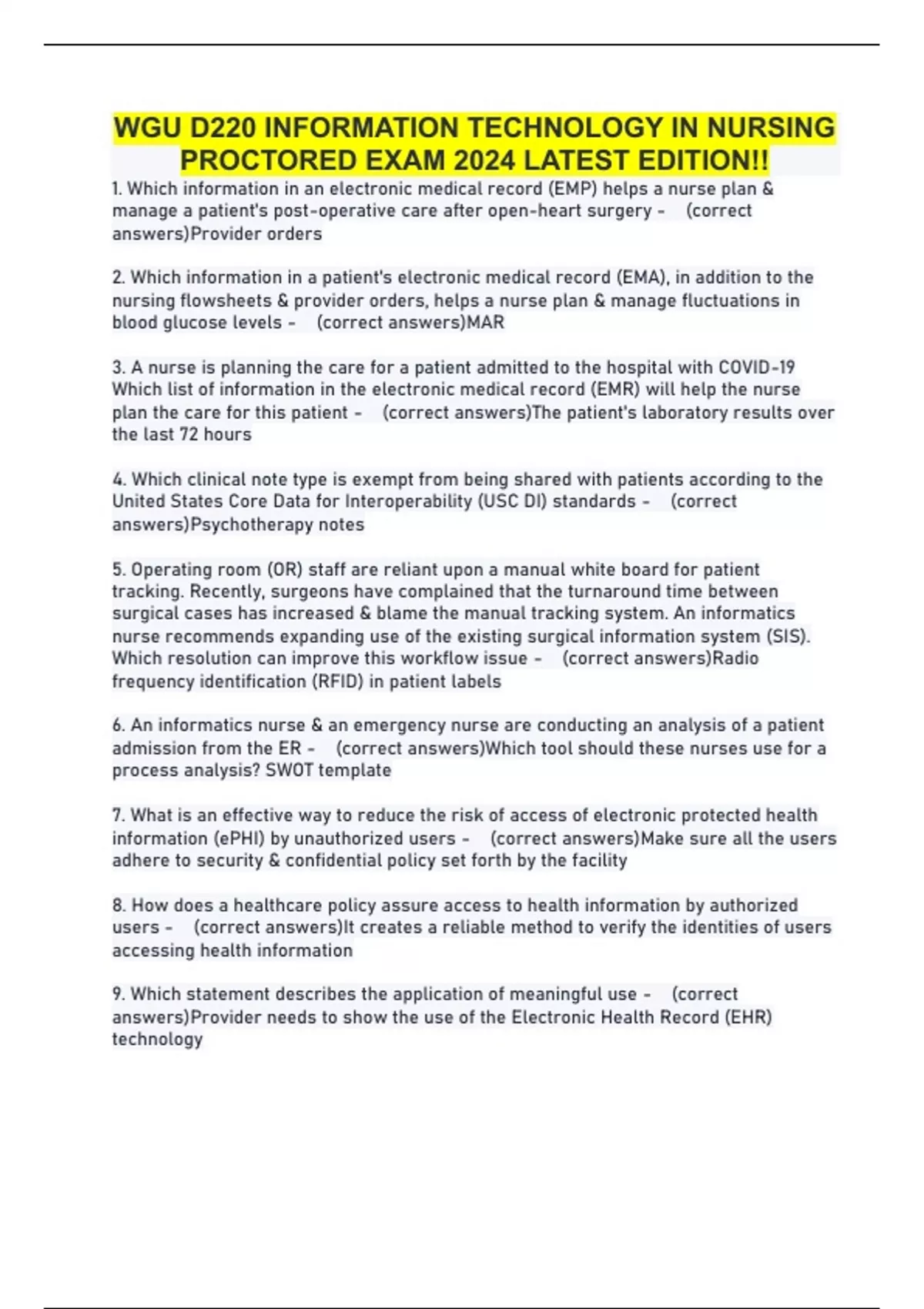 WGU D220 INFORMATION TECHNOLOGY IN NURSING PROCTORED EXAM 2024 LATEST ...