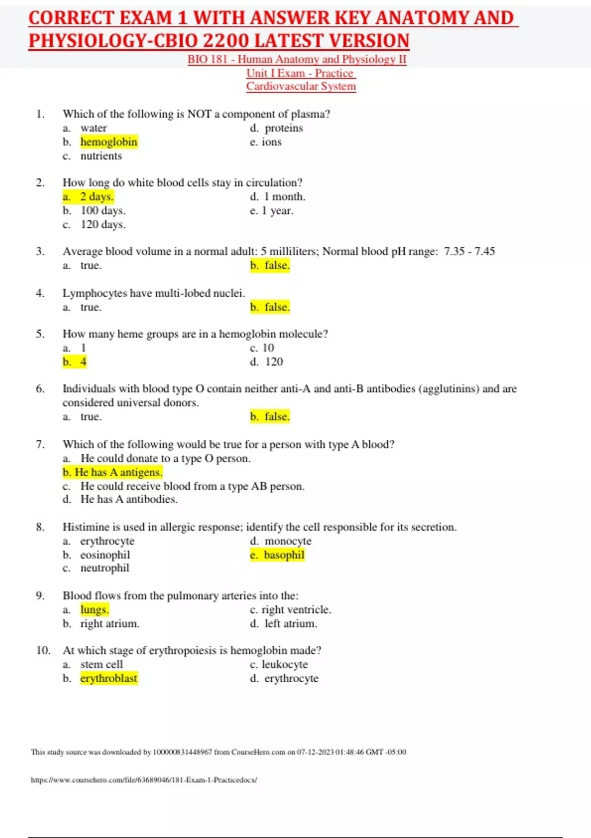 CORRECT EXAM 1 WITH ANSWER KEY ANATOMY AND PHYSIOLOGY-CBIO 2200 LATEST ...
