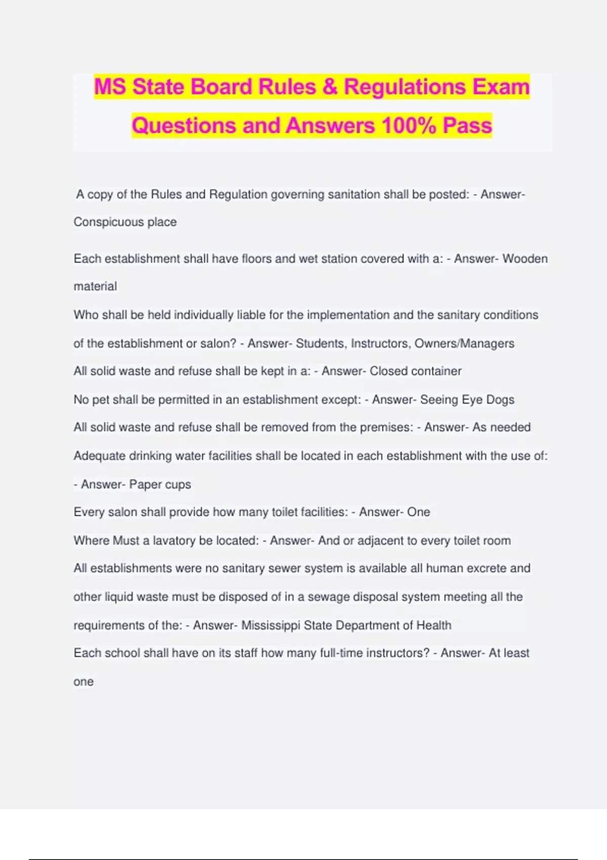 MS State Board Rules & Regulations Exam Questions and Answers 100% Pass ...