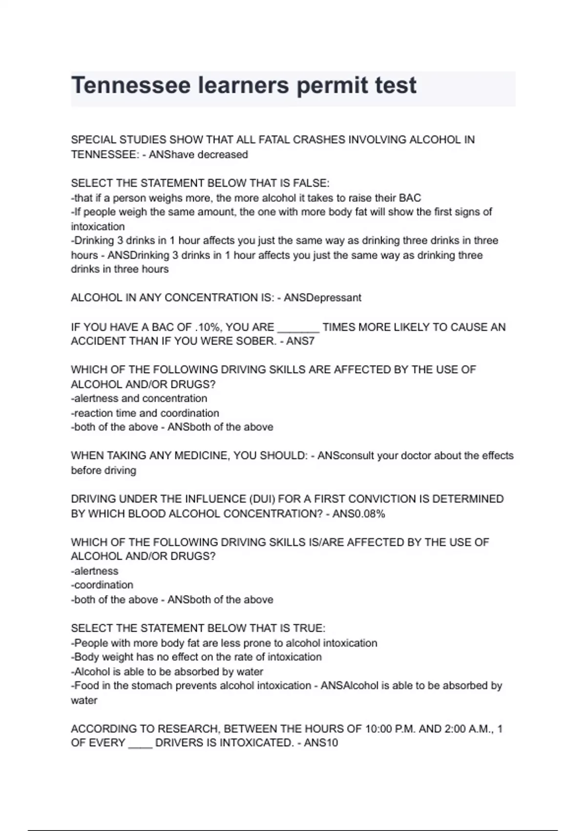 Tennessee learners permit test 2024/2025 A+ score assured (100% ...