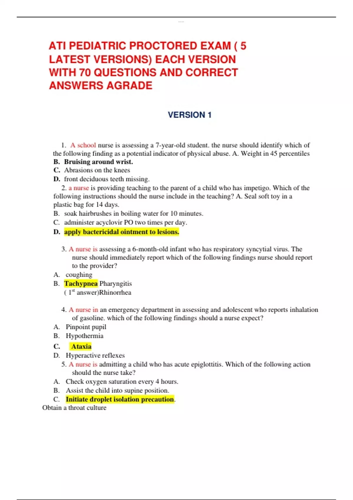 ATI PEDIATRIC PROCTORED EXAM ( 5 LATEST VERSIONS) EACH VERSION WITH 70 ...