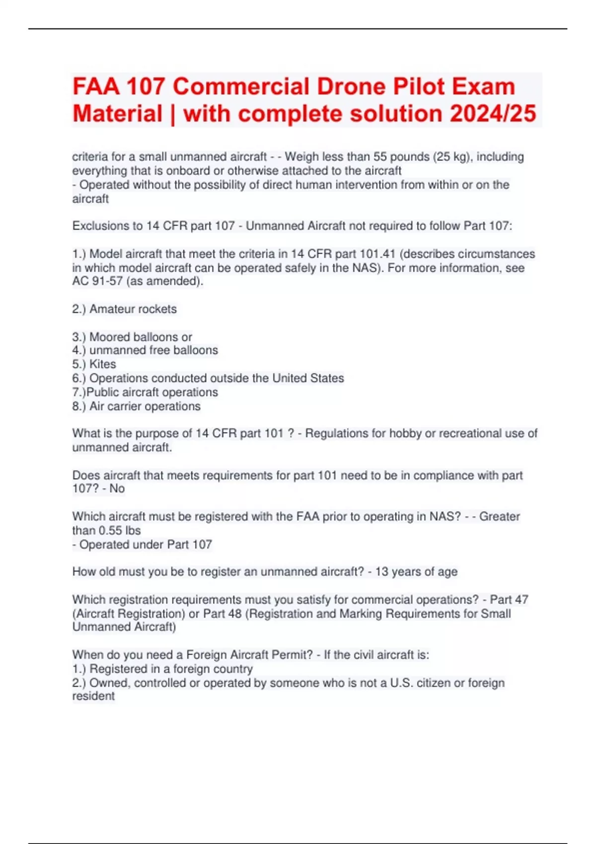 FAA 107 Commercial Drone Pilot Exam Material | with complete solution ...