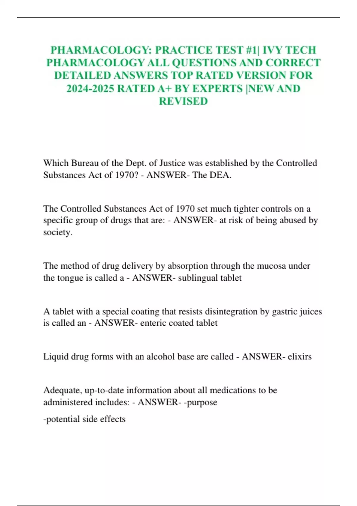 PHARMACOLOGY: PRACTICE TEST #1| IVY TECH PHARMACOLOGY ALL QUESTIONS AND ...