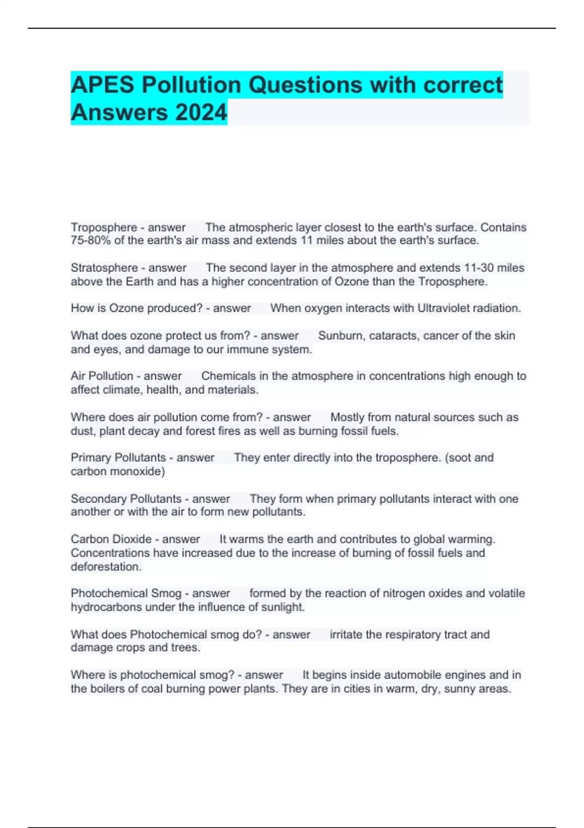 APES Pollution Questions with correct Answers 2024 - APES - Stuvia US