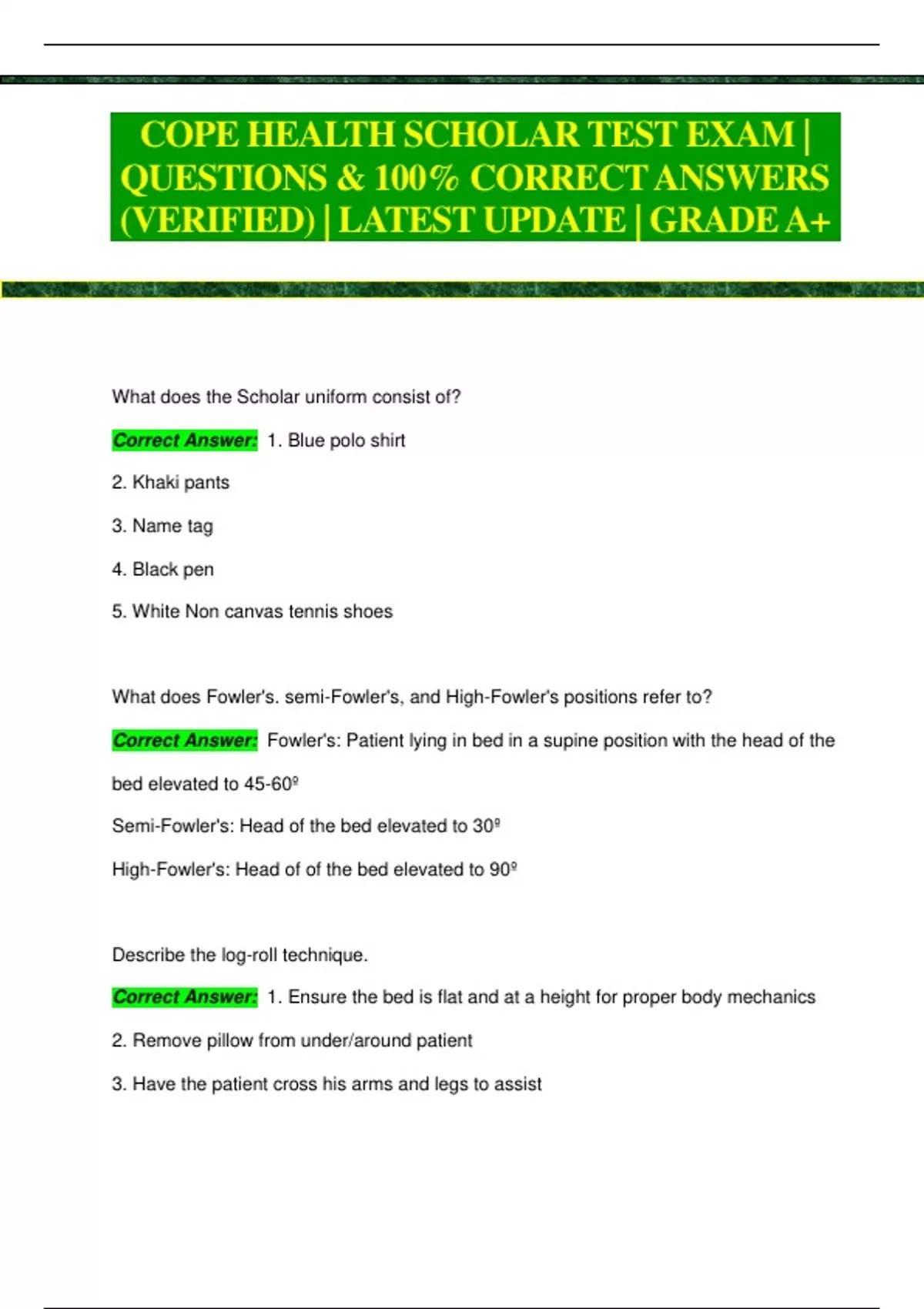 COPE HEALTH SCHOLAR TEST EXAM | QUESTIONS & 100% CORRECT ANSWERS ...