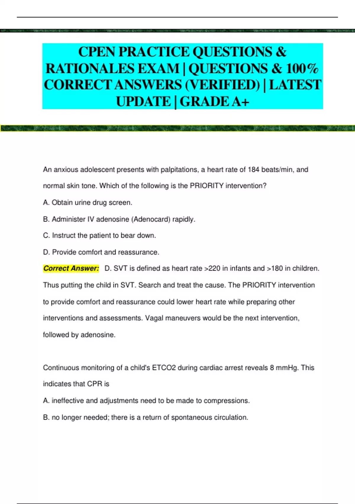 CPEN PRACTICE QUESTIONS & RATIONALES EXAM | QUESTIONS & 100% CORRECT ...