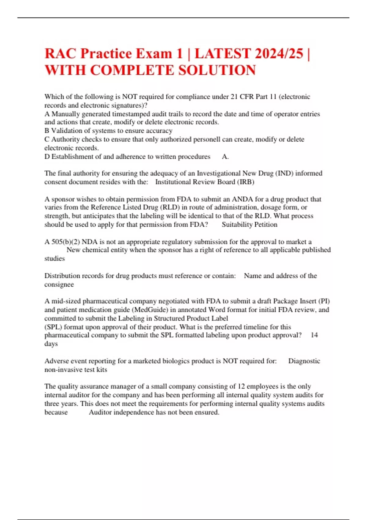 Rac Practice Exam 1 Latest 2024 25 With Complete Solution Rac Stuvia Us