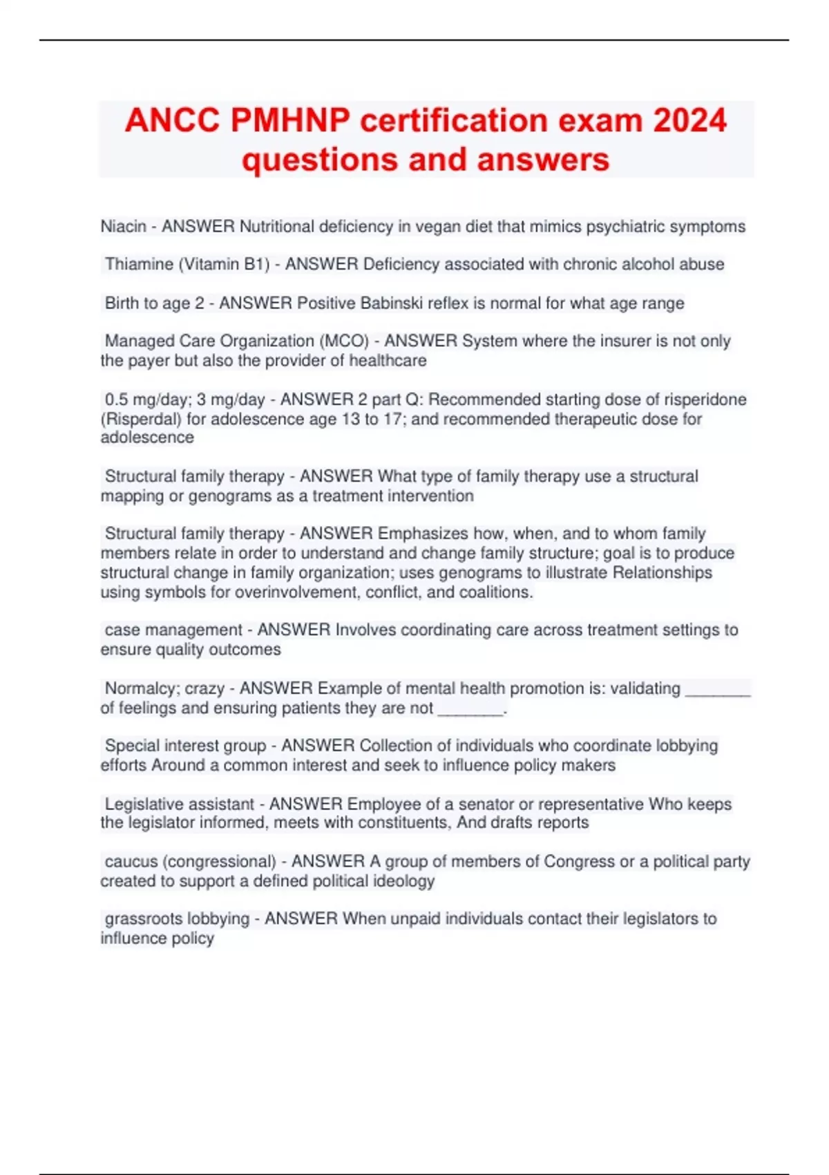 ANCC PMHNP certification exam 2024 questions and answers - ANCC PMHNP ...