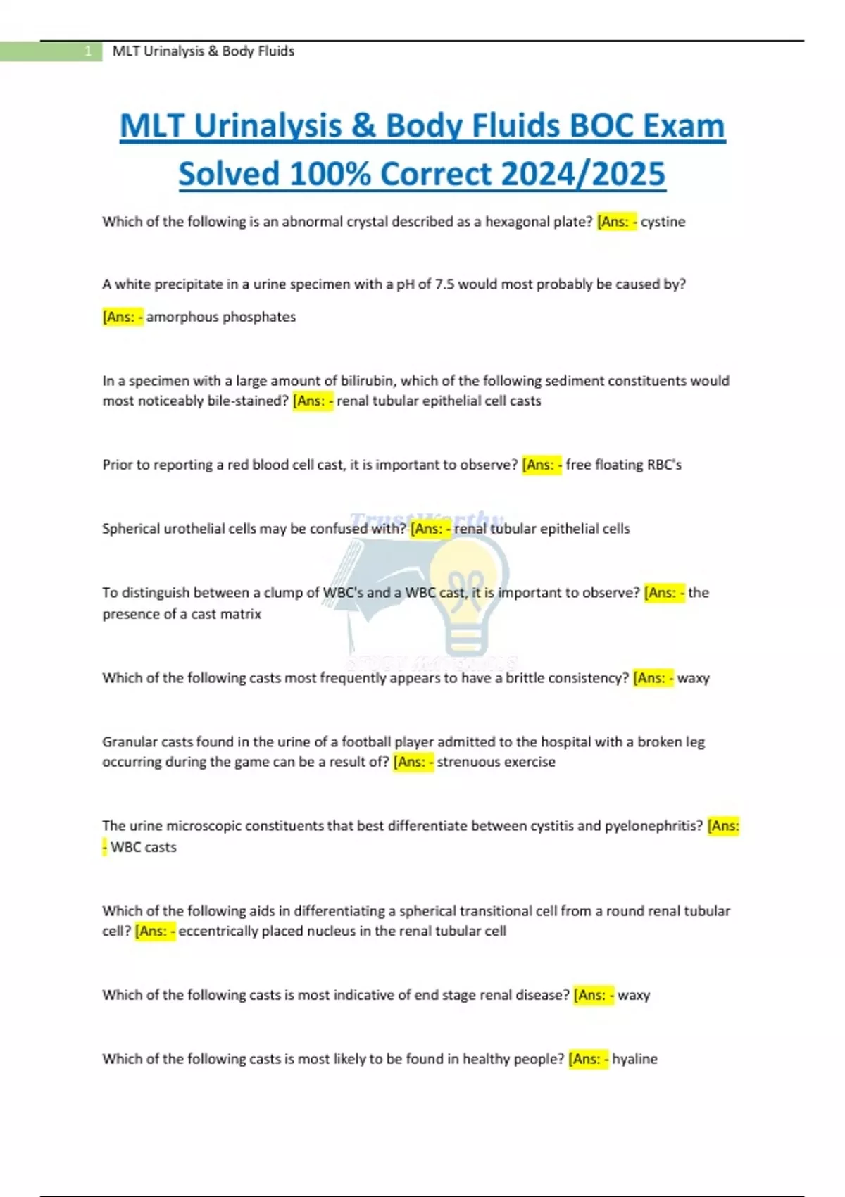 MLT Urinalysis & Body Fluids BOC Exam Solved 100% Correct 2024/2025 - MLT Urinalysis & Body ...