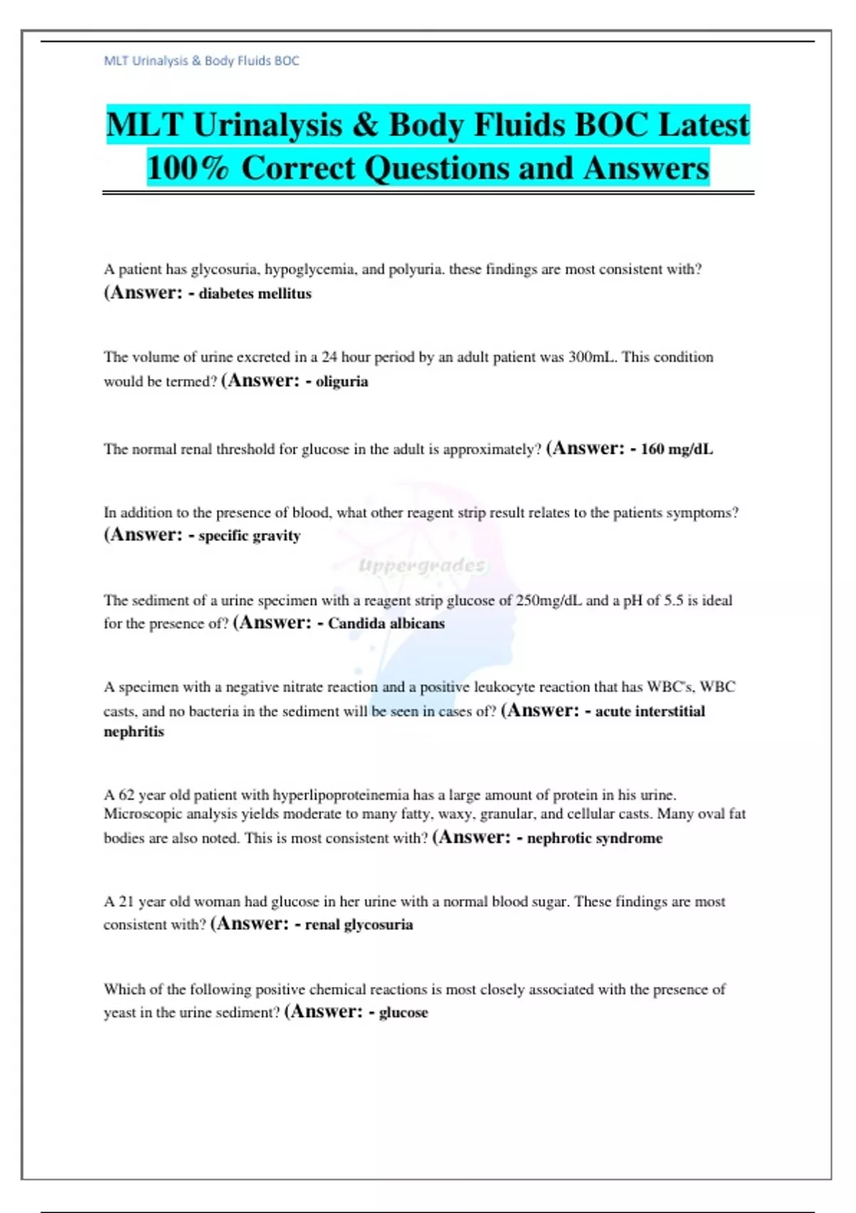 MLT Urinalysis & Body Fluids BOC Latest 100% Correct Questions and ...