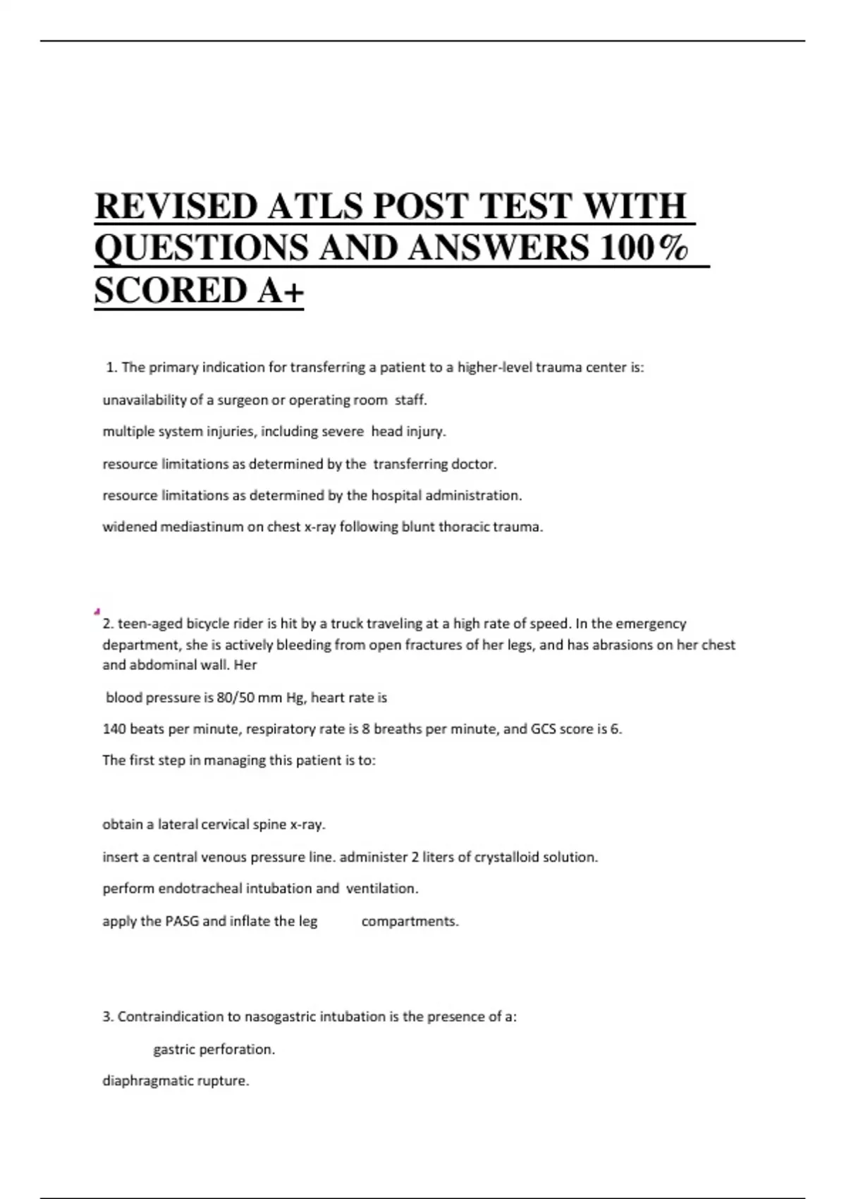 REVISED ATLS POST TEST WITH QUESTIONS AND ANSWERS 100% SCORED A+ - ATLS ...