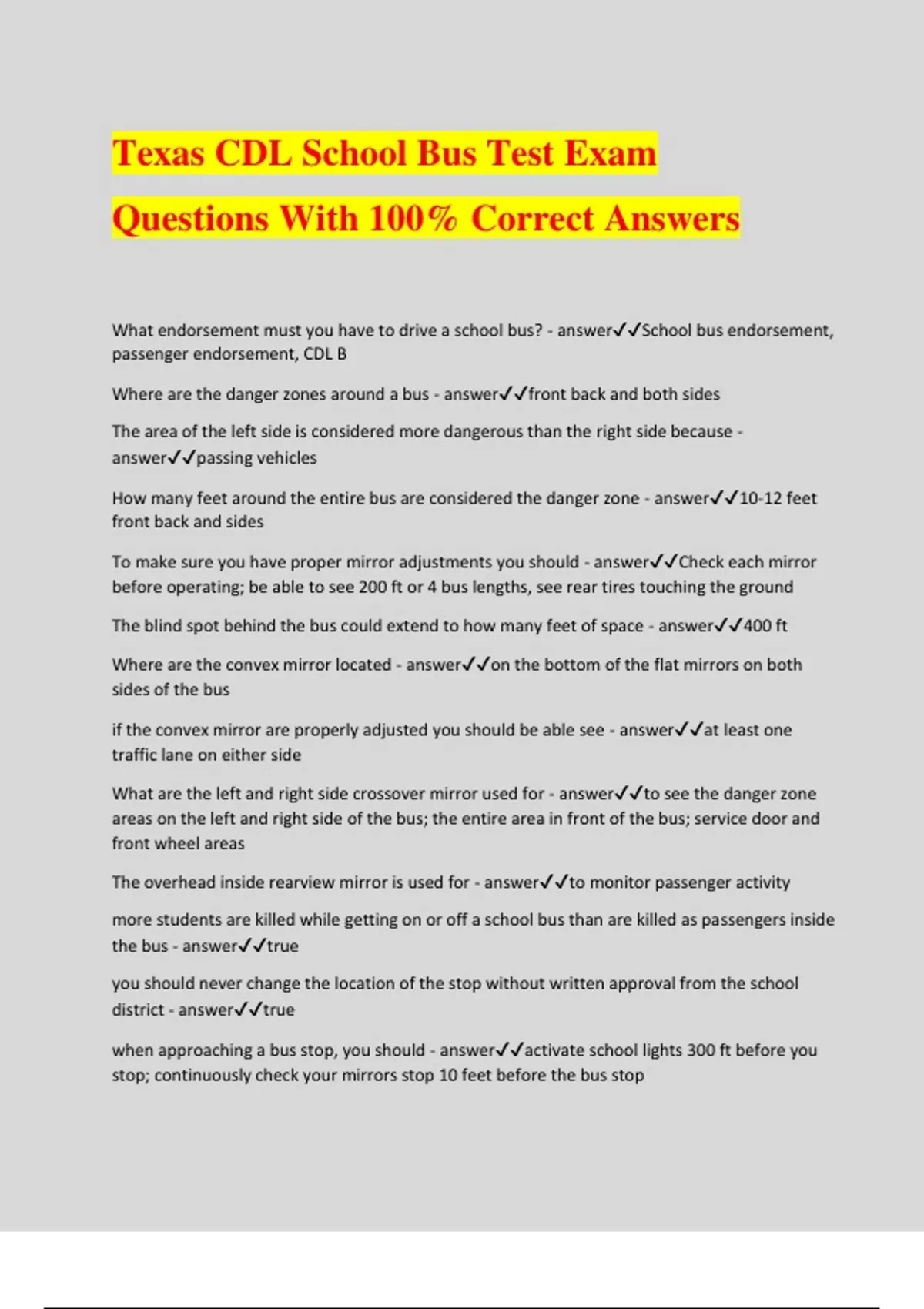 Texas CDL School Bus Test Exam Questions With 100% Correct Answers ...