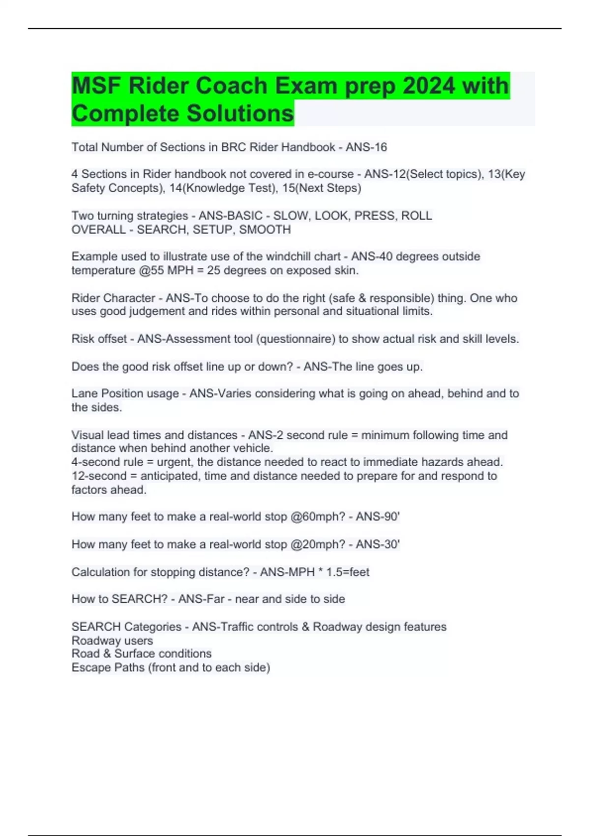 MSF Rider Coach Exam prep 2024 with Complete Solutions - Msf ecourse ...