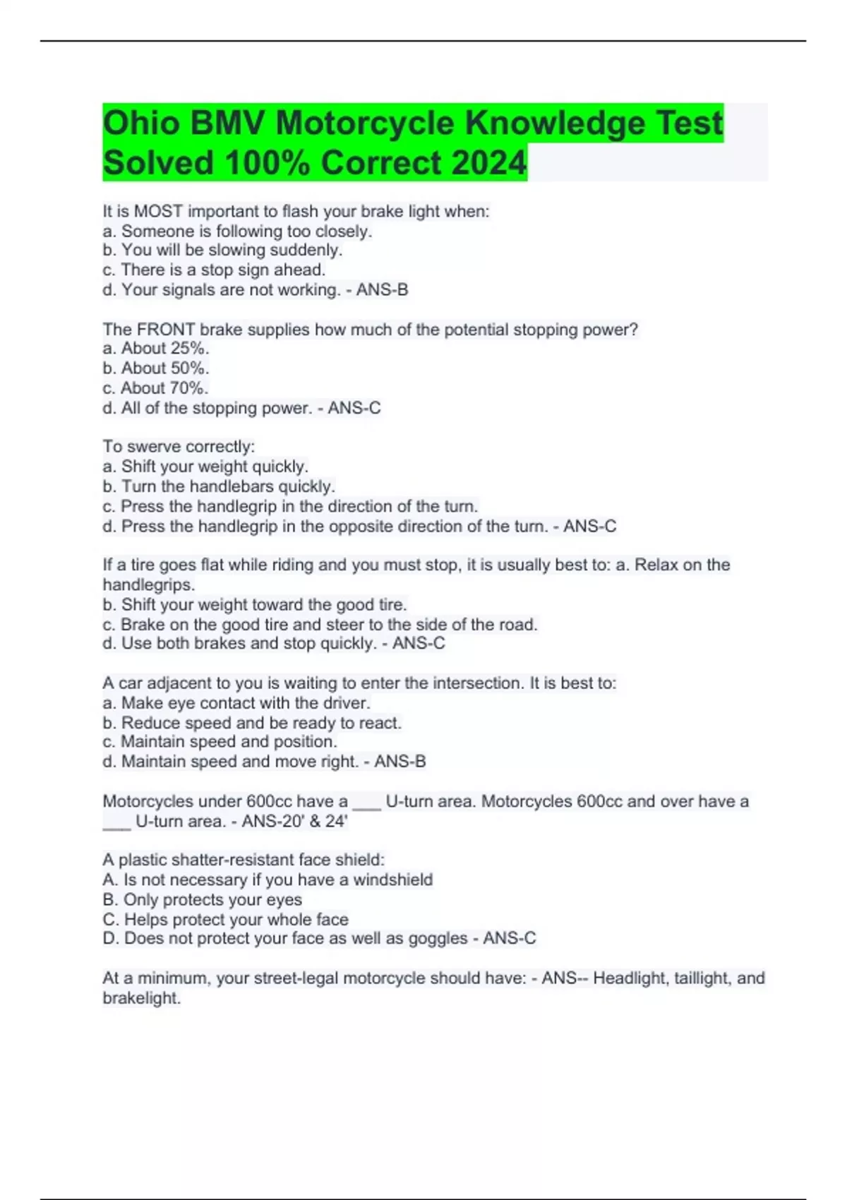 Ohio BMV Motorcycle Knowledge Test Solved 100% Correct 2024 ...