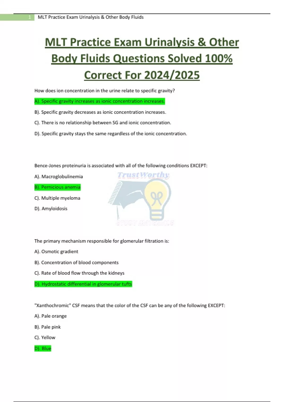 MLT Practice Exam Urinalysis & Other Body Fluids Questions Solved 100% Correct For 2024/2025 ...