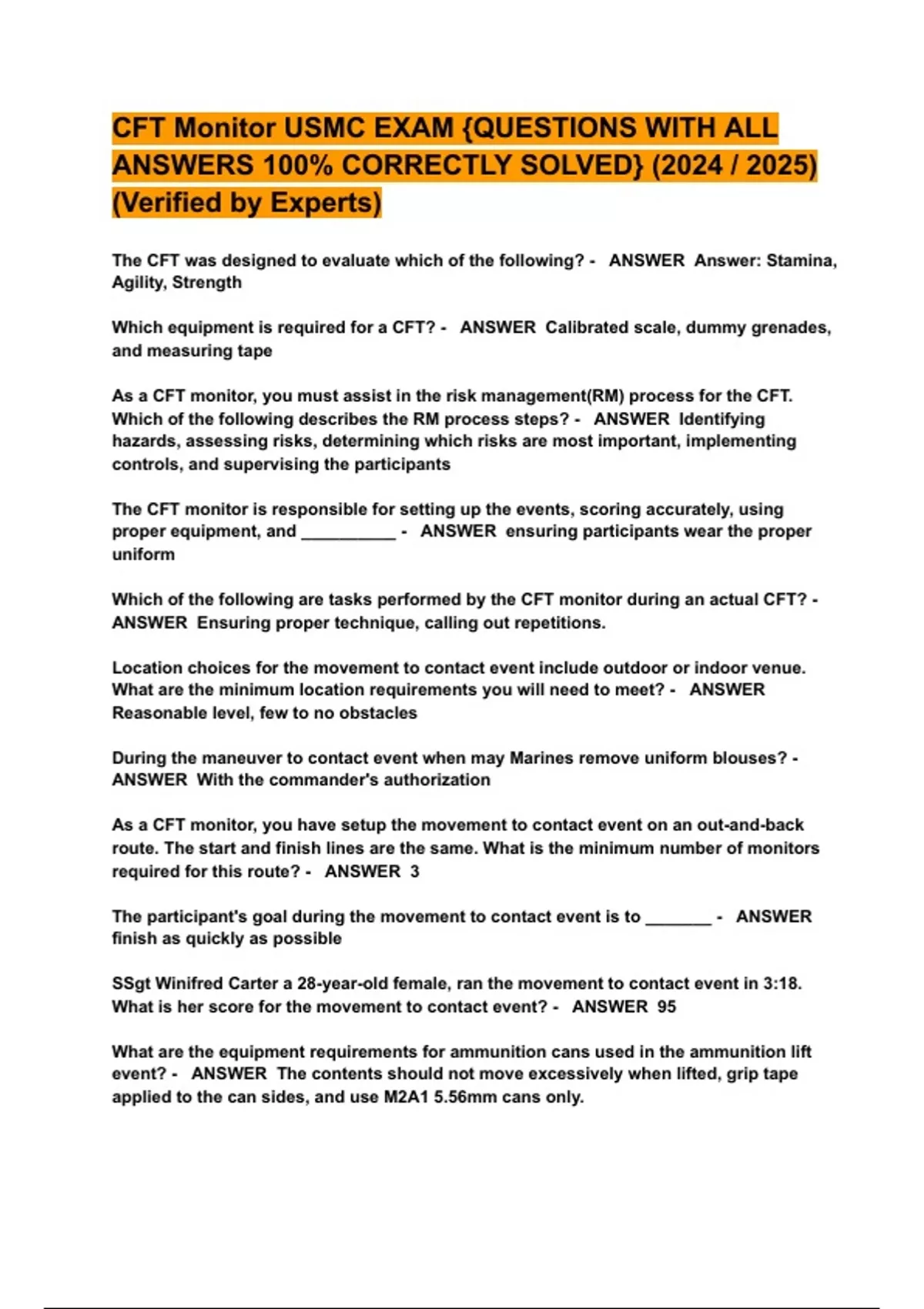 CFT Monitor USMC EXAM {QUESTIONS WITH ALL ANSWERS 100% CORRECTLY SOLVED ...
