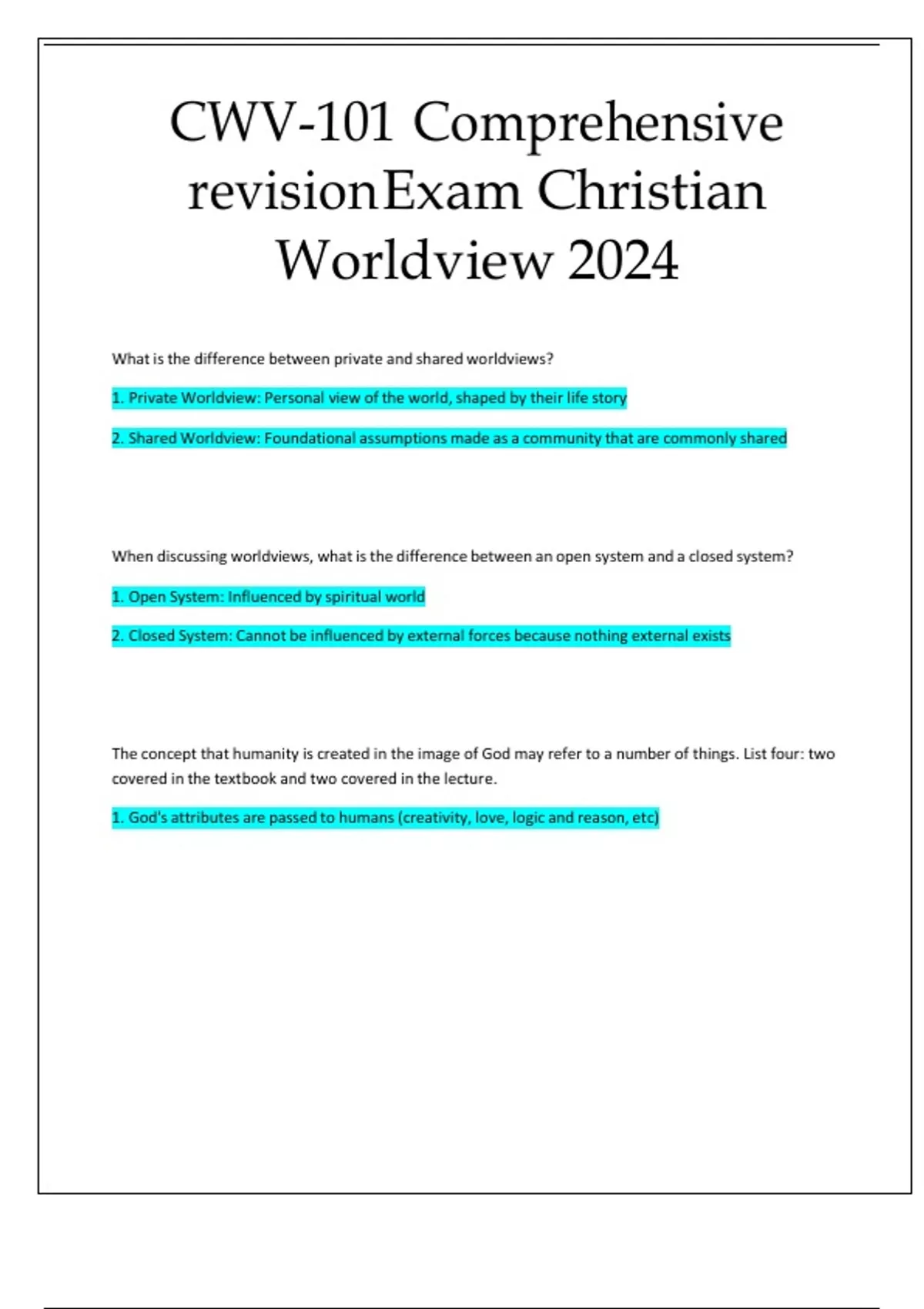 CWV 101 COMPREHENSIVE REVISION EXAM CHRISTIAN WORLDVIEW 2024 - Nursing ...