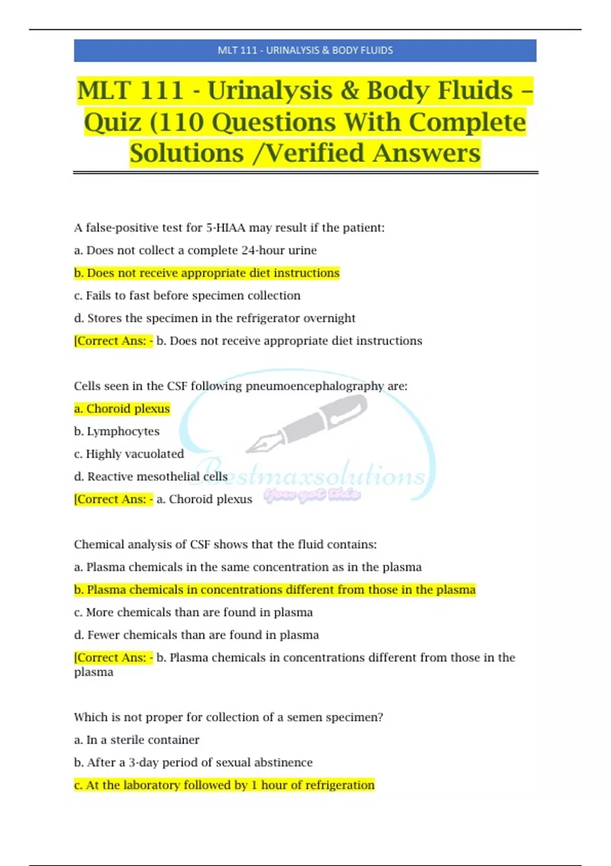 MLT 111 - Urinalysis & Body Fluids –Quiz (110 Questions With Complete ...